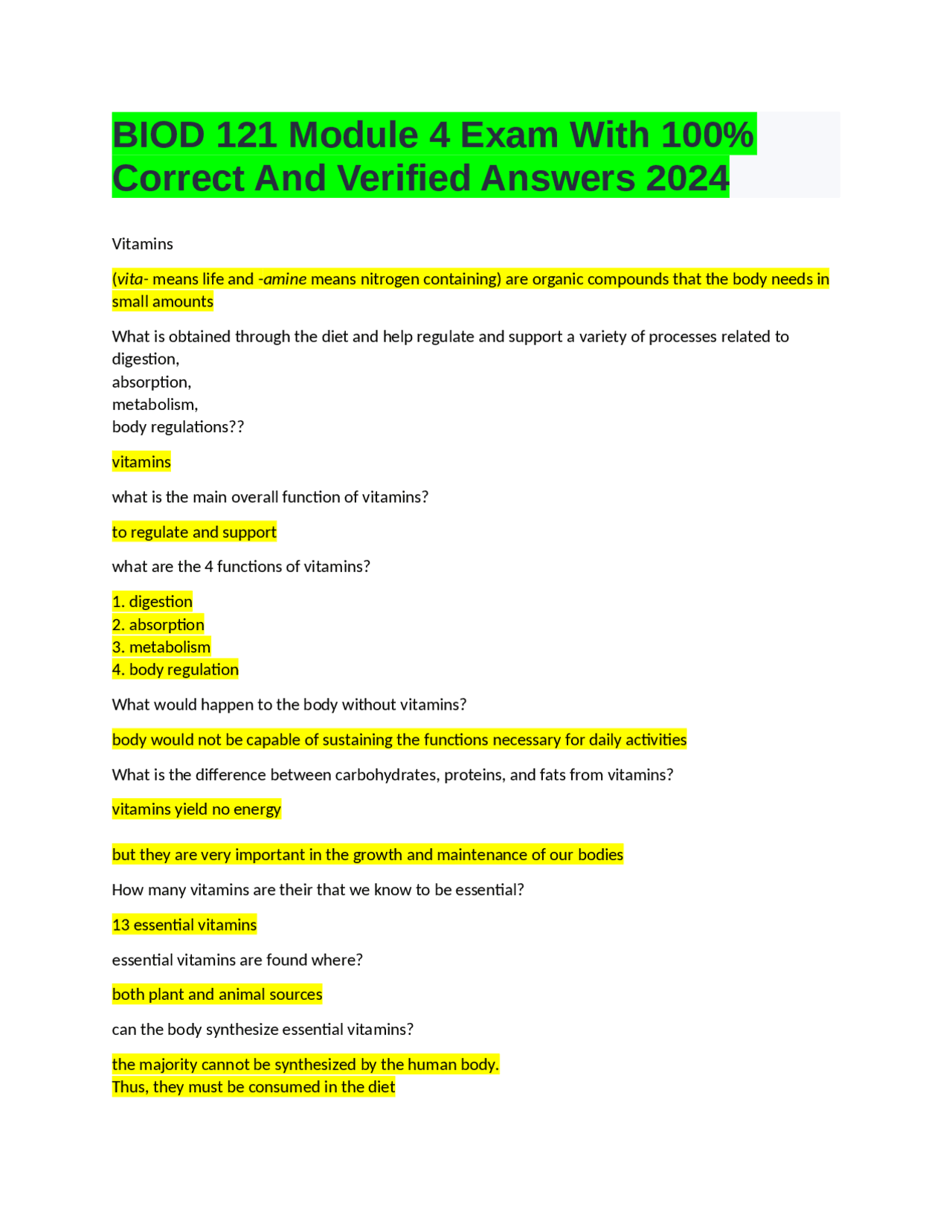 BIOD 121 Module 4 Exam: Vitamins - Essential Nutrients and Their ...