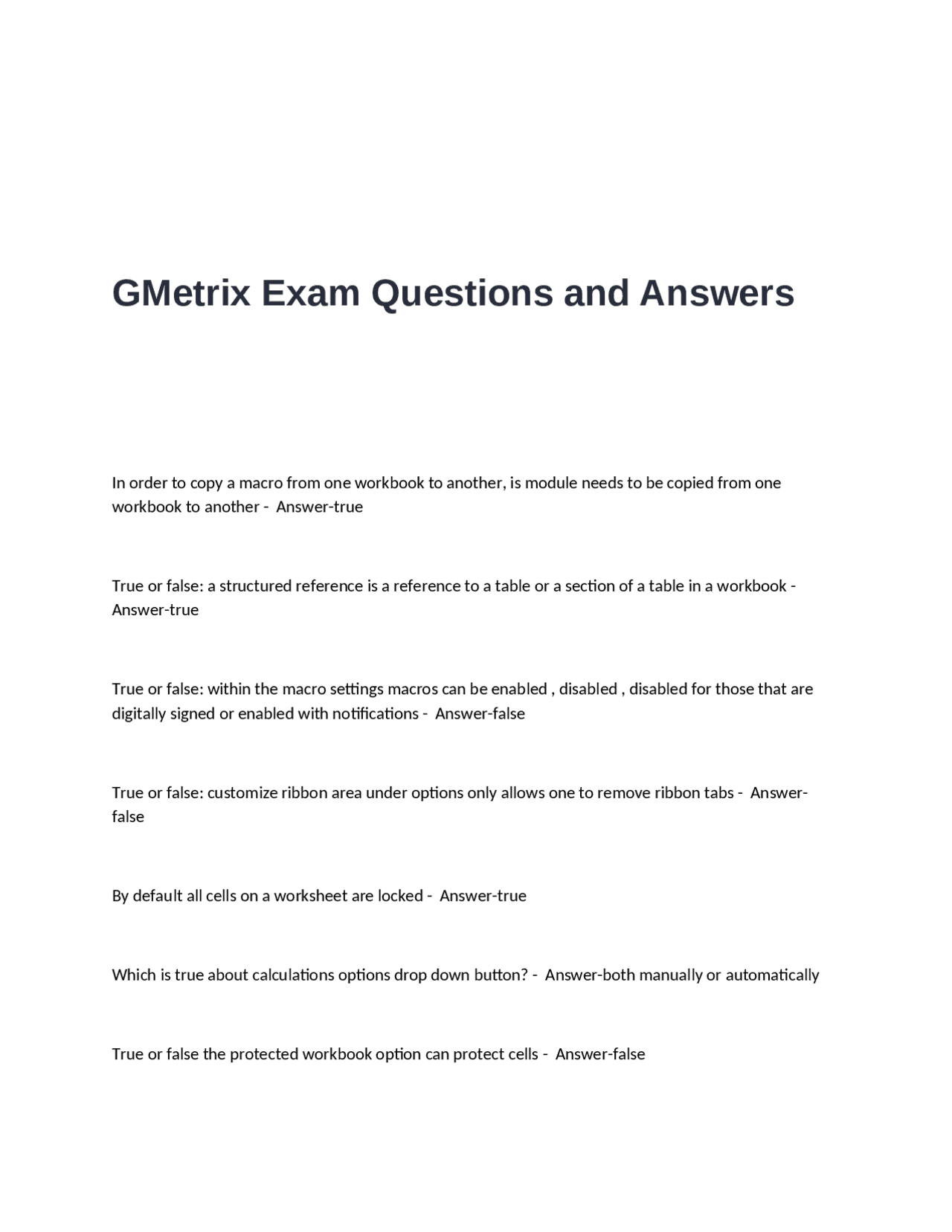 GMetrix Exam Questions and Answers: Microsoft Excel | Exams Nursing ...