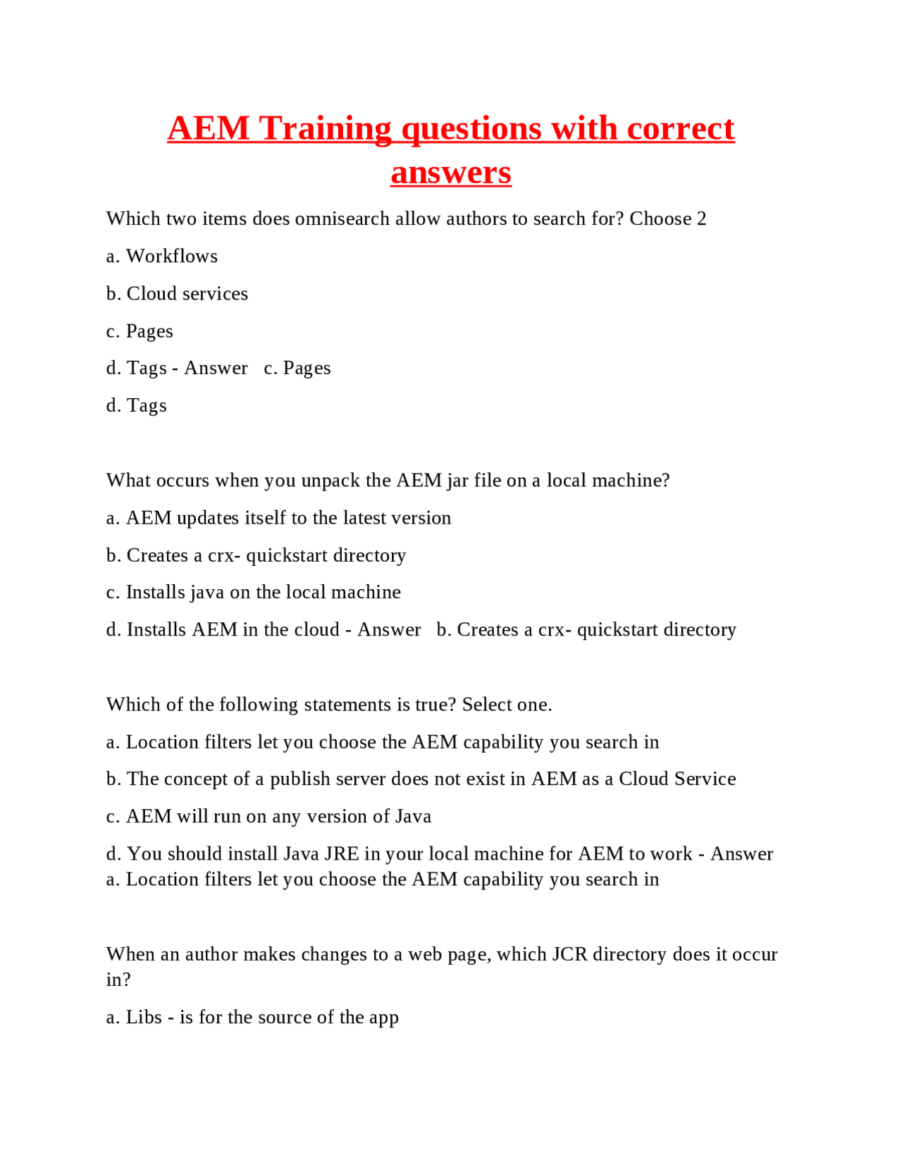 AEM Training Questions and Answers | Exams Advanced Education | Docsity