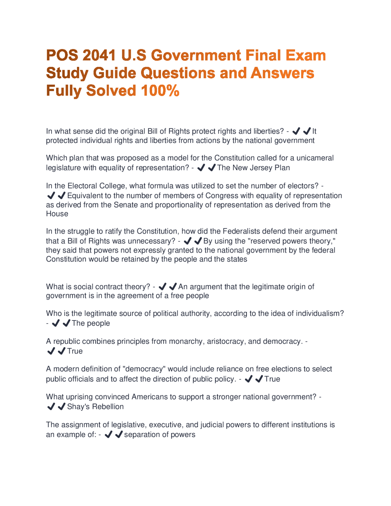 POS 2041 U.S. Government Final Exam Study Guide: Questions and Answers ...