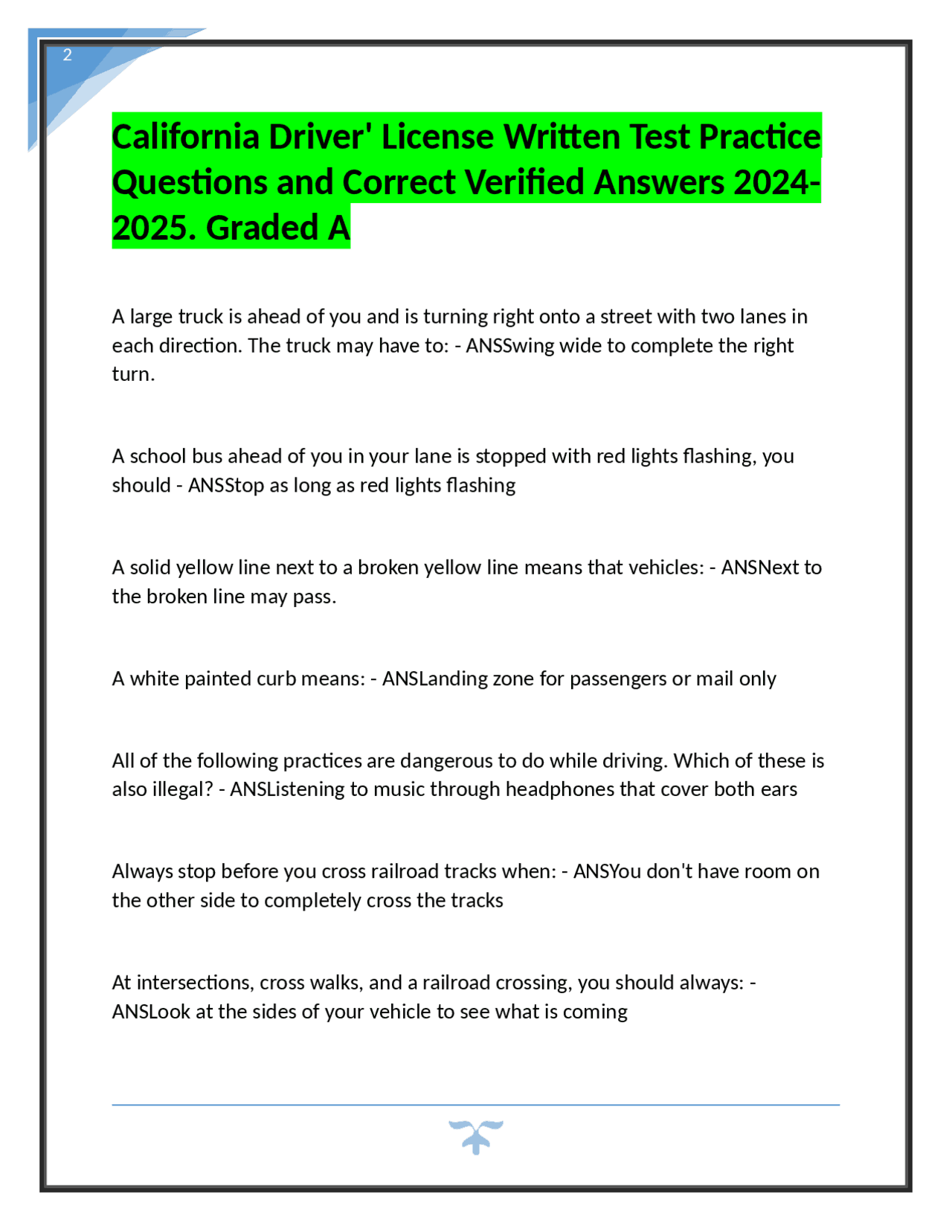 California Driver's License Written Test Practice Questions and Answers ...