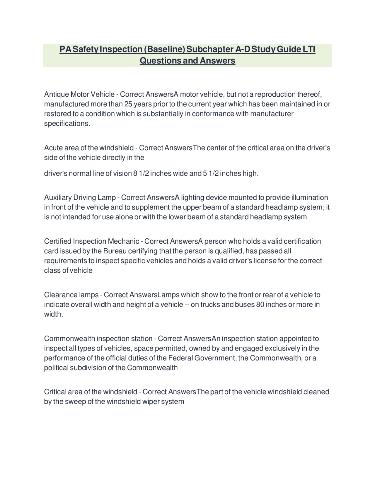 Pennsylvania Vehicle Safety Inspection Study Guide: Subchapters A-D ...