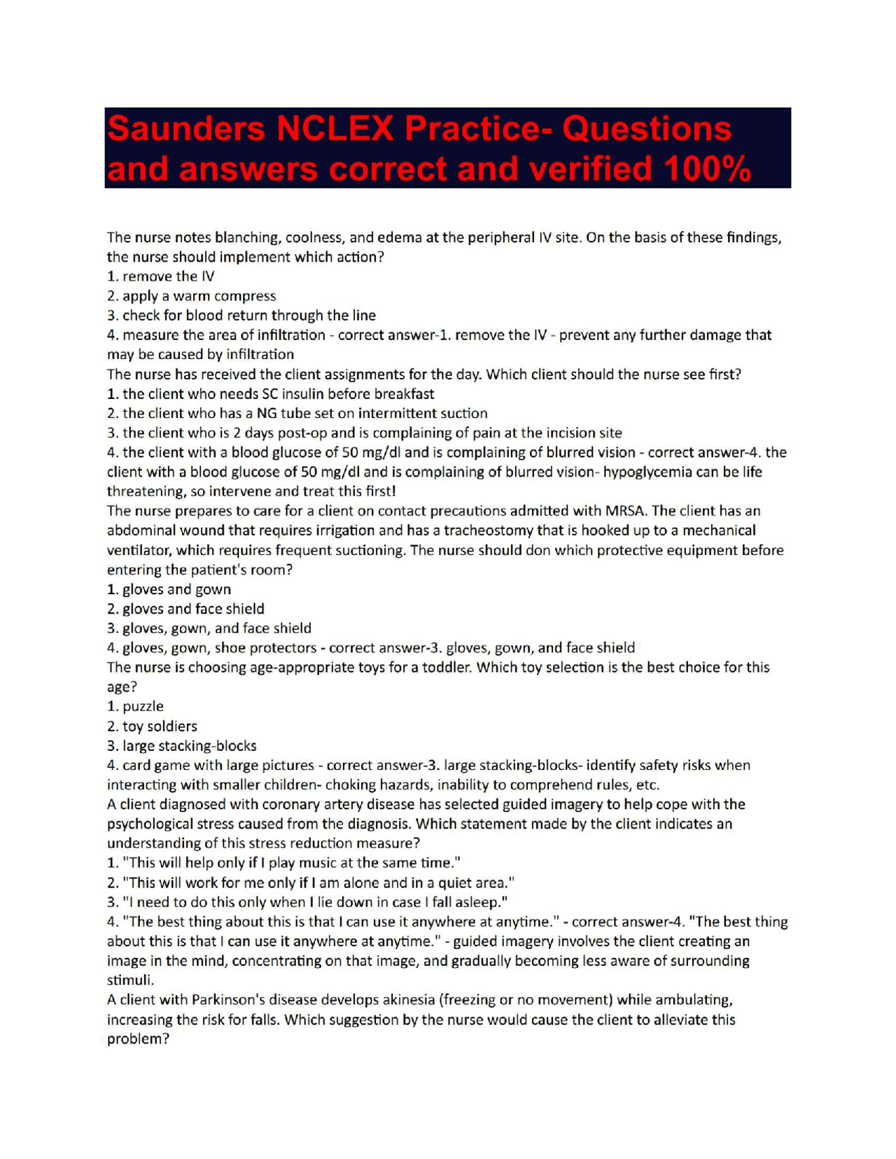 Saunders NCLEX Practice- Questions and answers correct and verified 100 ...