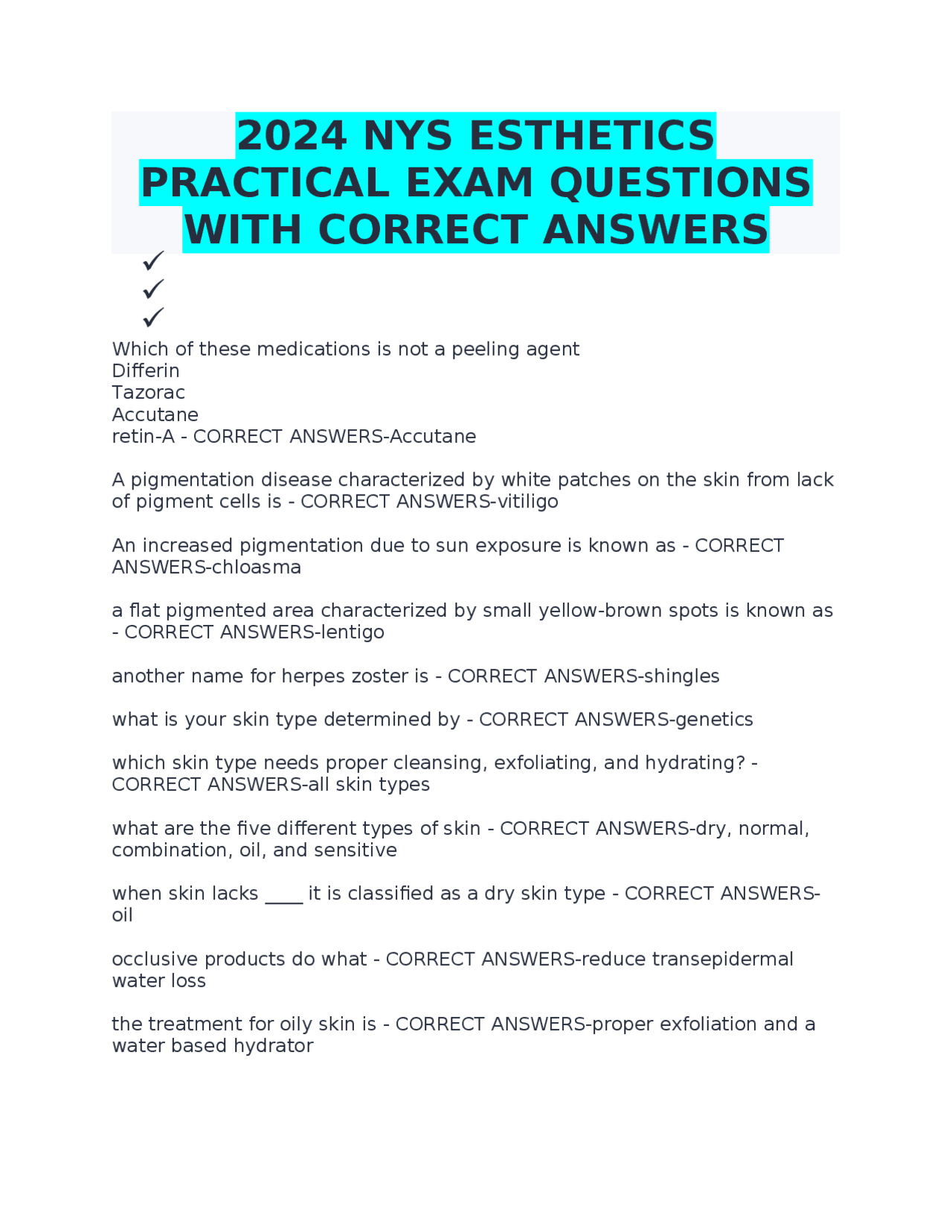 2024 NYS ESTHETICS PRACTICAL EXAM QUESTIONS WITH CORRECT ANSWERS ...