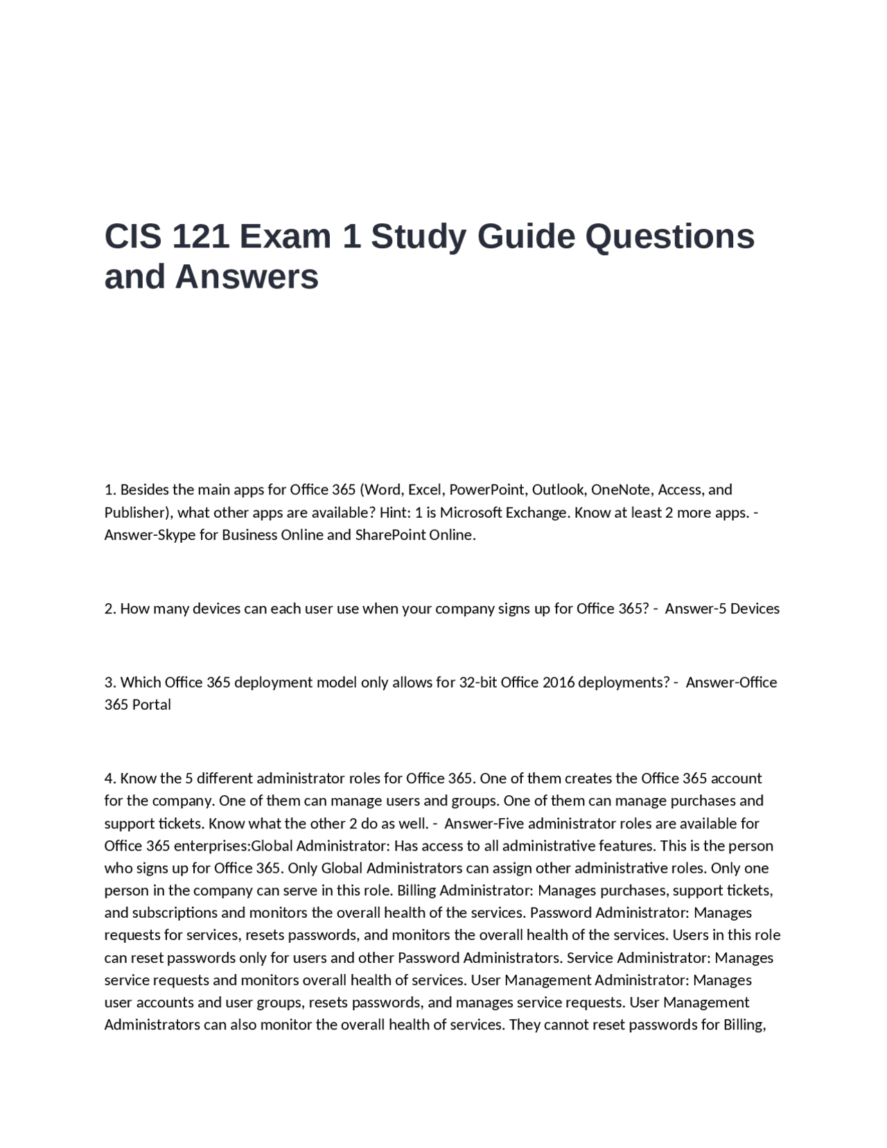 CIS 121 Exam 1 Study Guide: Questions and Answers on Office 365, Windows 10, and Security ...