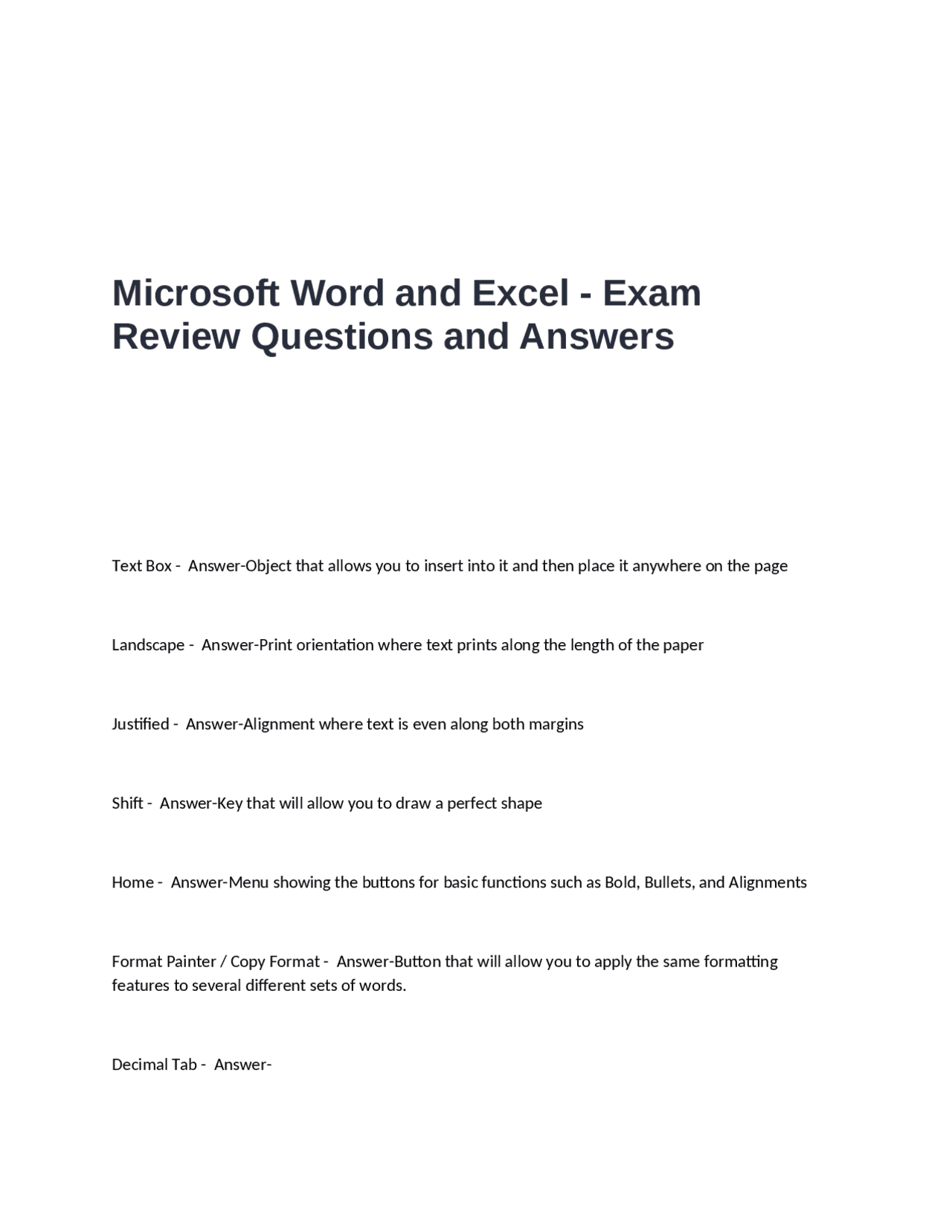 Microsoft Word and Excel - Exam Review Questions and Answers | Exams ...