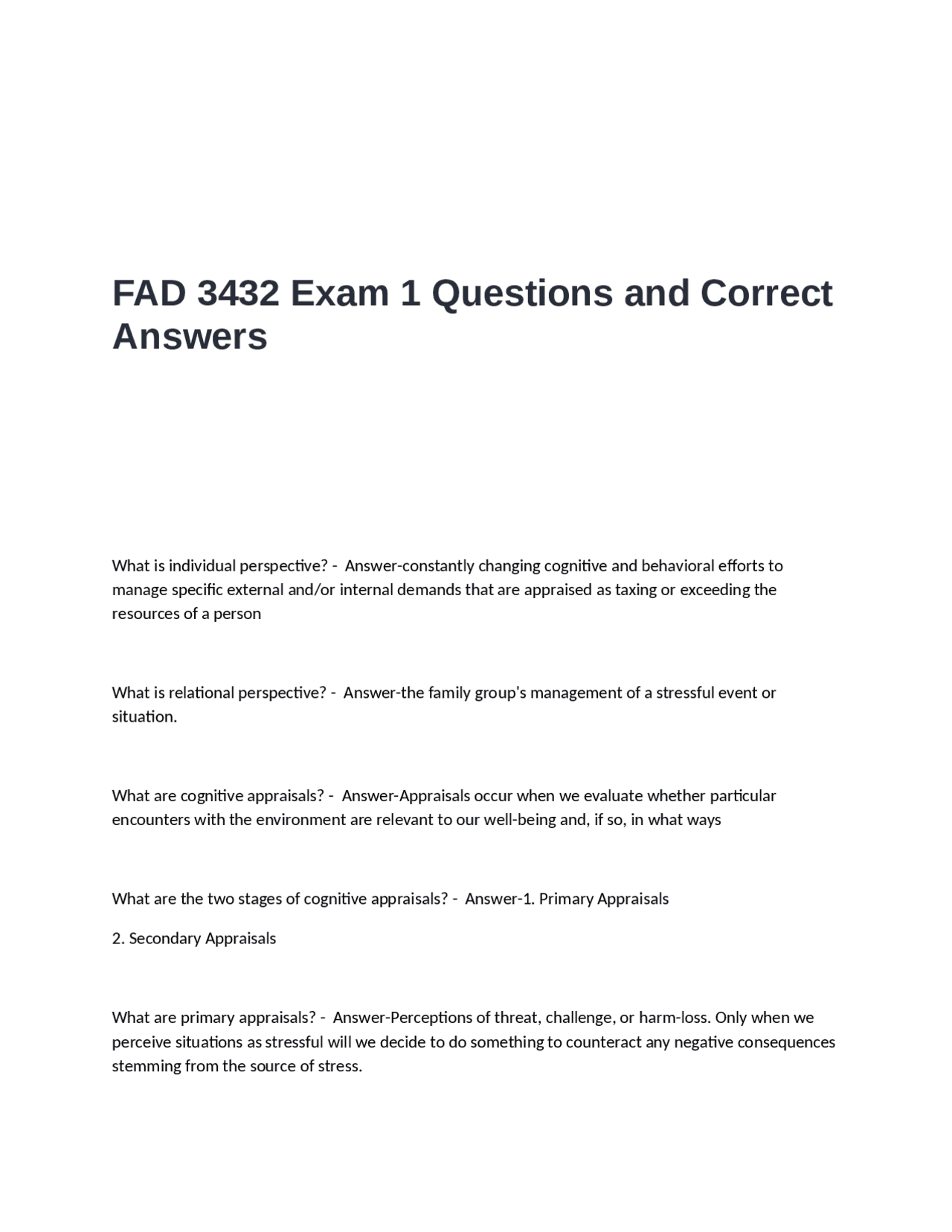 FAD 3432 Exam 1 Questions and Answers: Family Stress and Coping | Exams ...