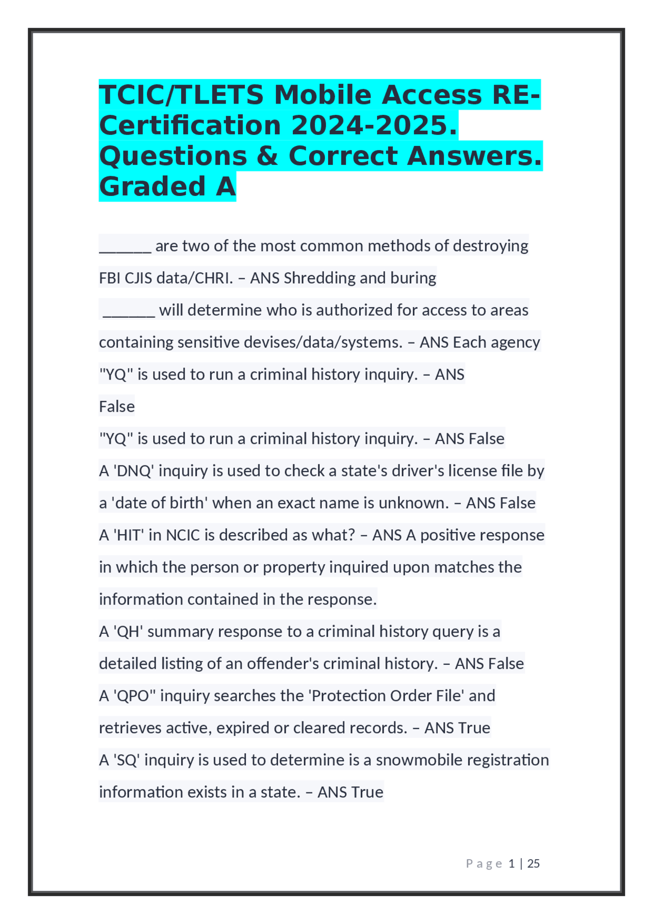 TCIC/TLETS Mobile Access RE-Certification 2024-2025. Questions ...