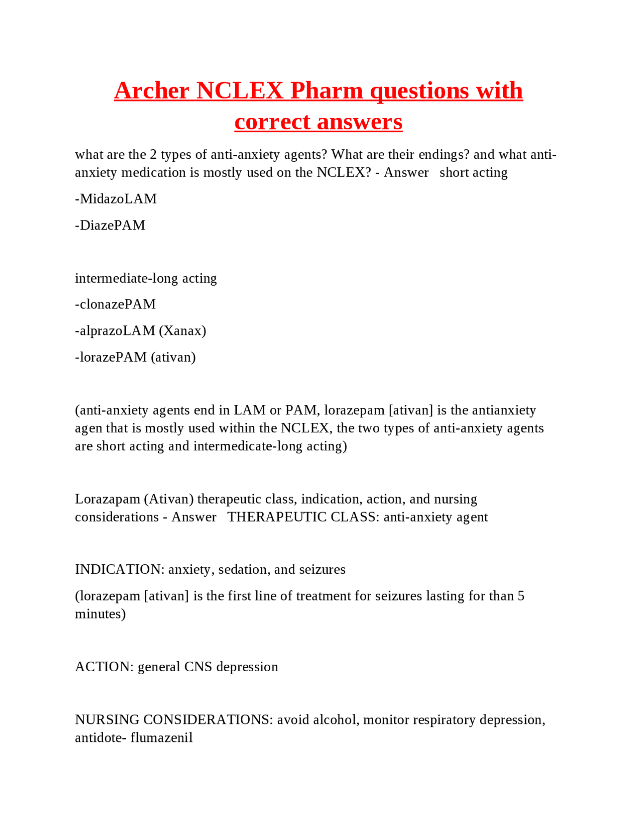 Archer NCLEX Pharm questions with correct answers | Exams Nursing | Docsity