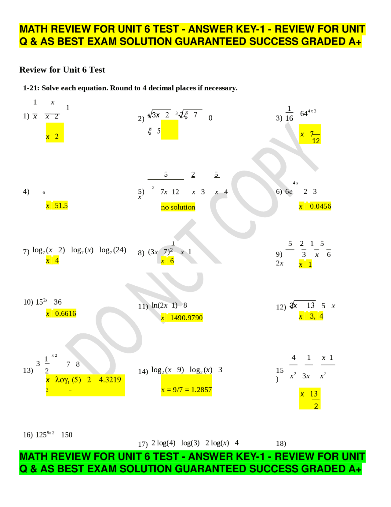 Math Review for Unit 6 Test - Answer Key | Exams Nursing | Docsity