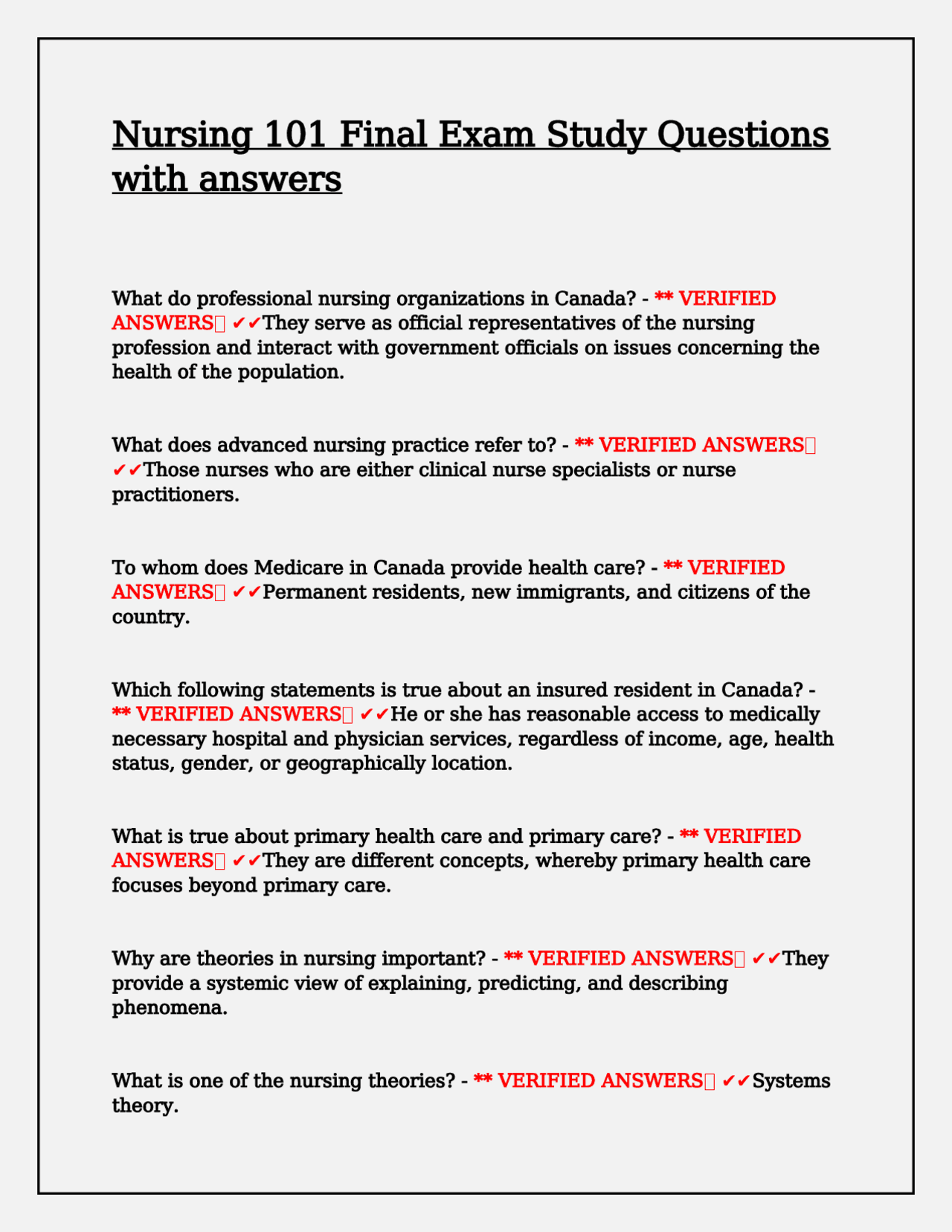 Nursing 101 Final Exam Study Questions with Answers | Exams Nursing ...