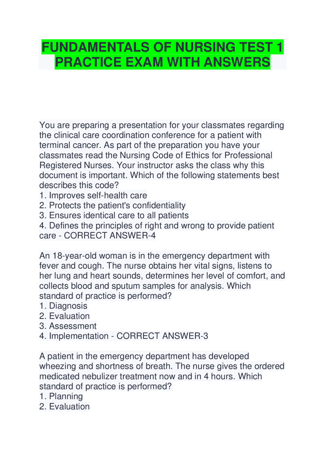 FUNDAMENTALS OF NURSING TEST 1 PRACTICE EXAM WITH ANSWERS | Exams ...