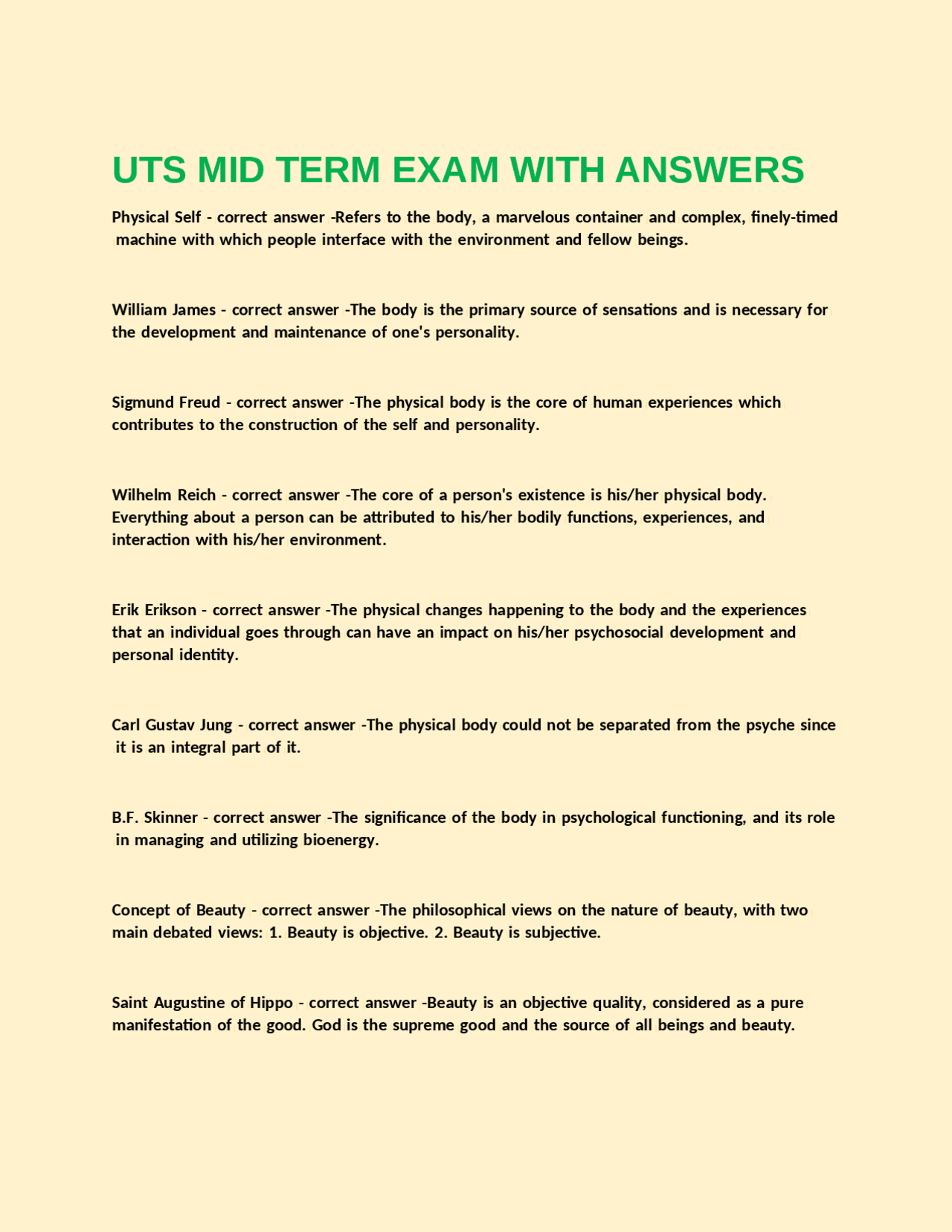 UTS Mid-Term Exam: Physical Self, Beauty, and Sexual Response | Exams Nursing | Docsity