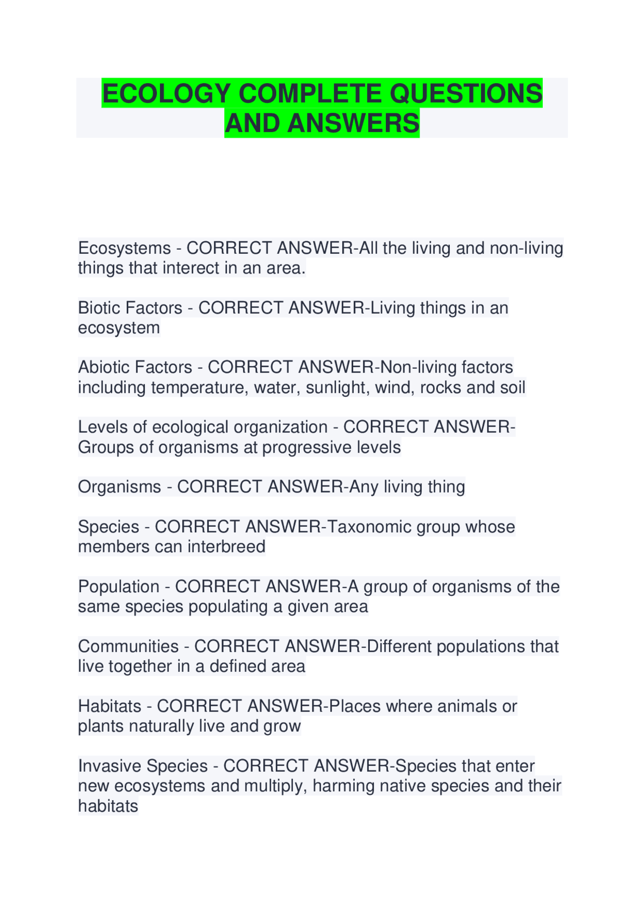 ECOLOGY COMPLETE QUESTIONS AND ANSWERS | Exams Social ecology | Docsity