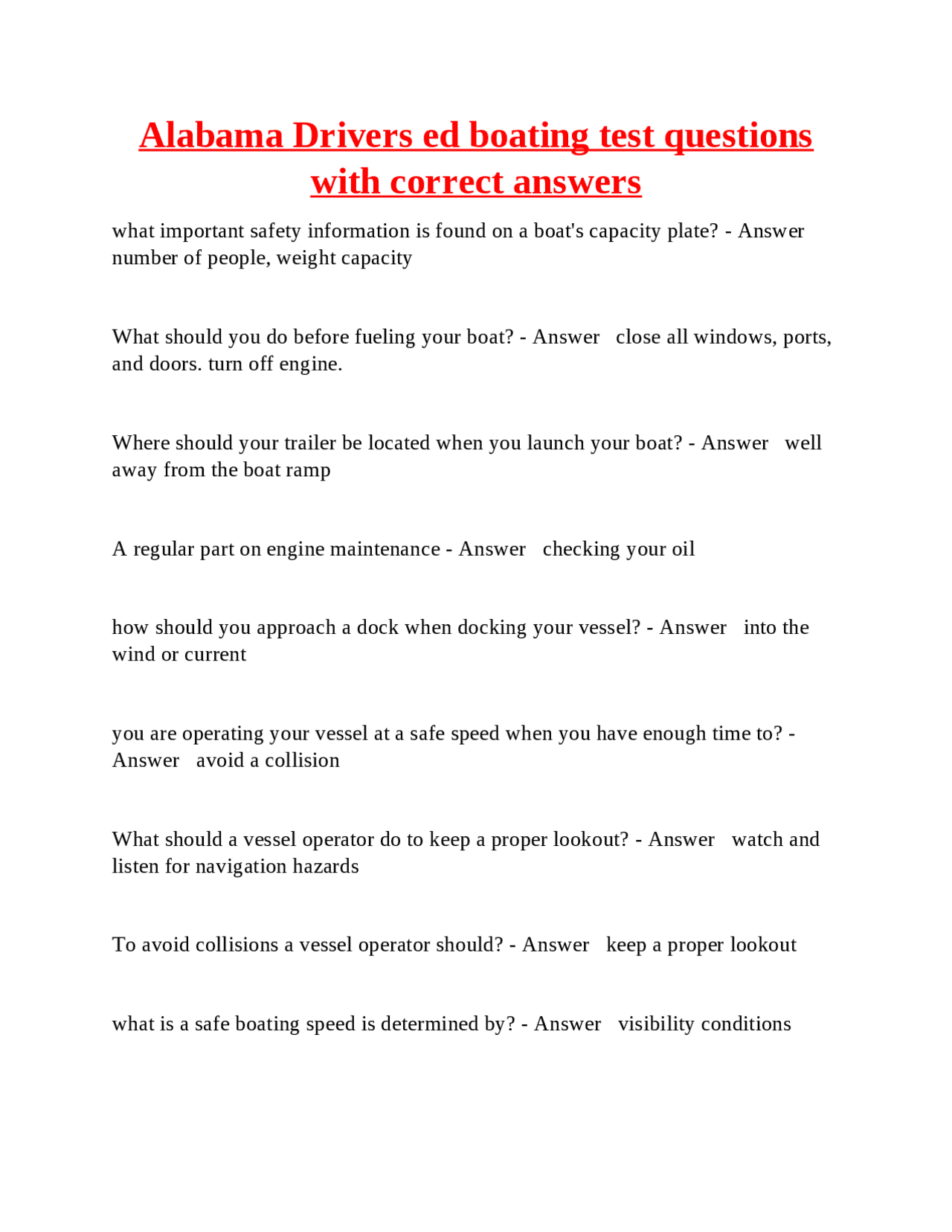 Alabama Boating Safety Test Questions and Answers | Exams Law | Docsity