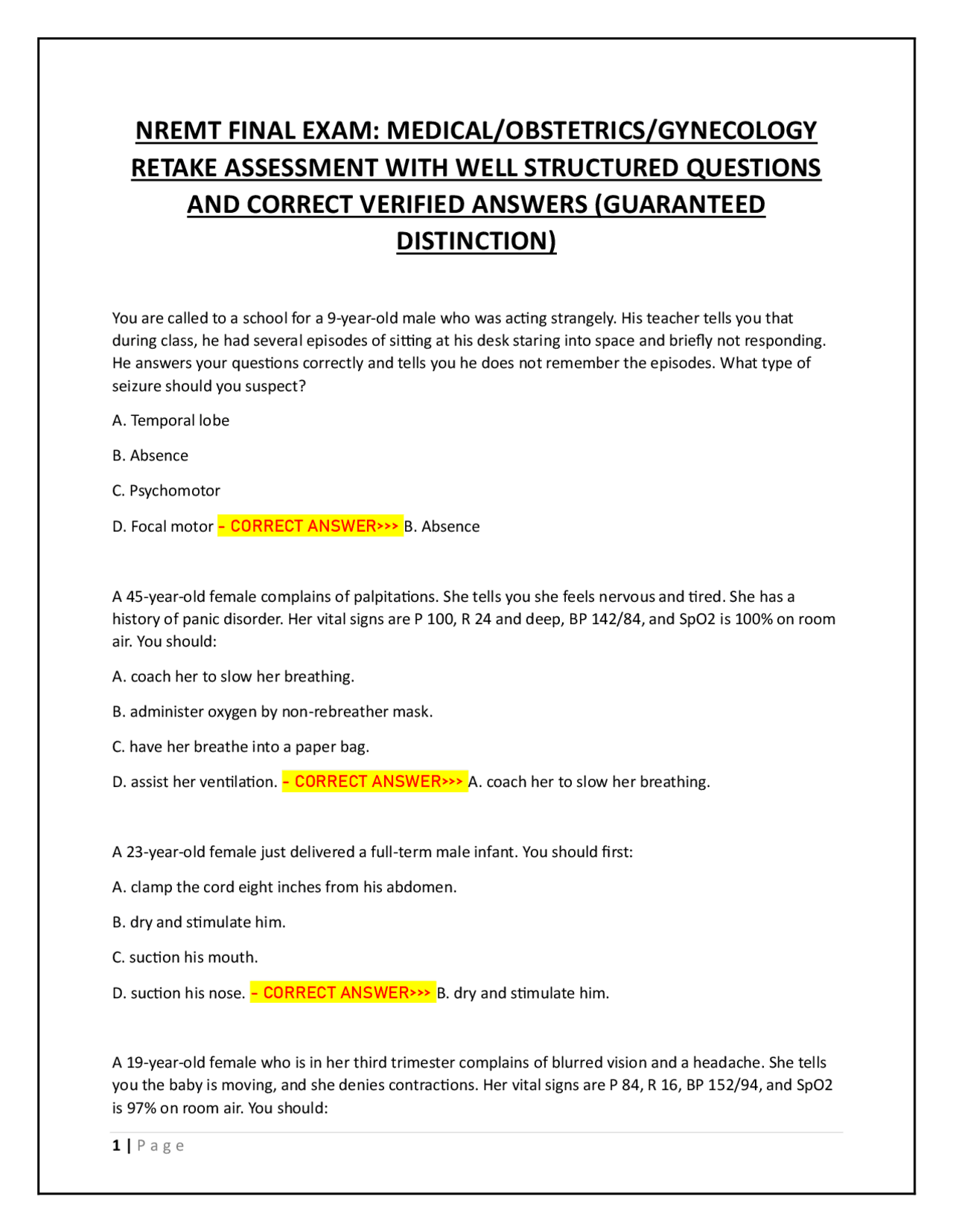 NREMT FINAL EXAM: MEDICAL/OBSTETRICS/GYNECOLOGY RETAKE ASSESSMENT | Exams Nursing | Docsity