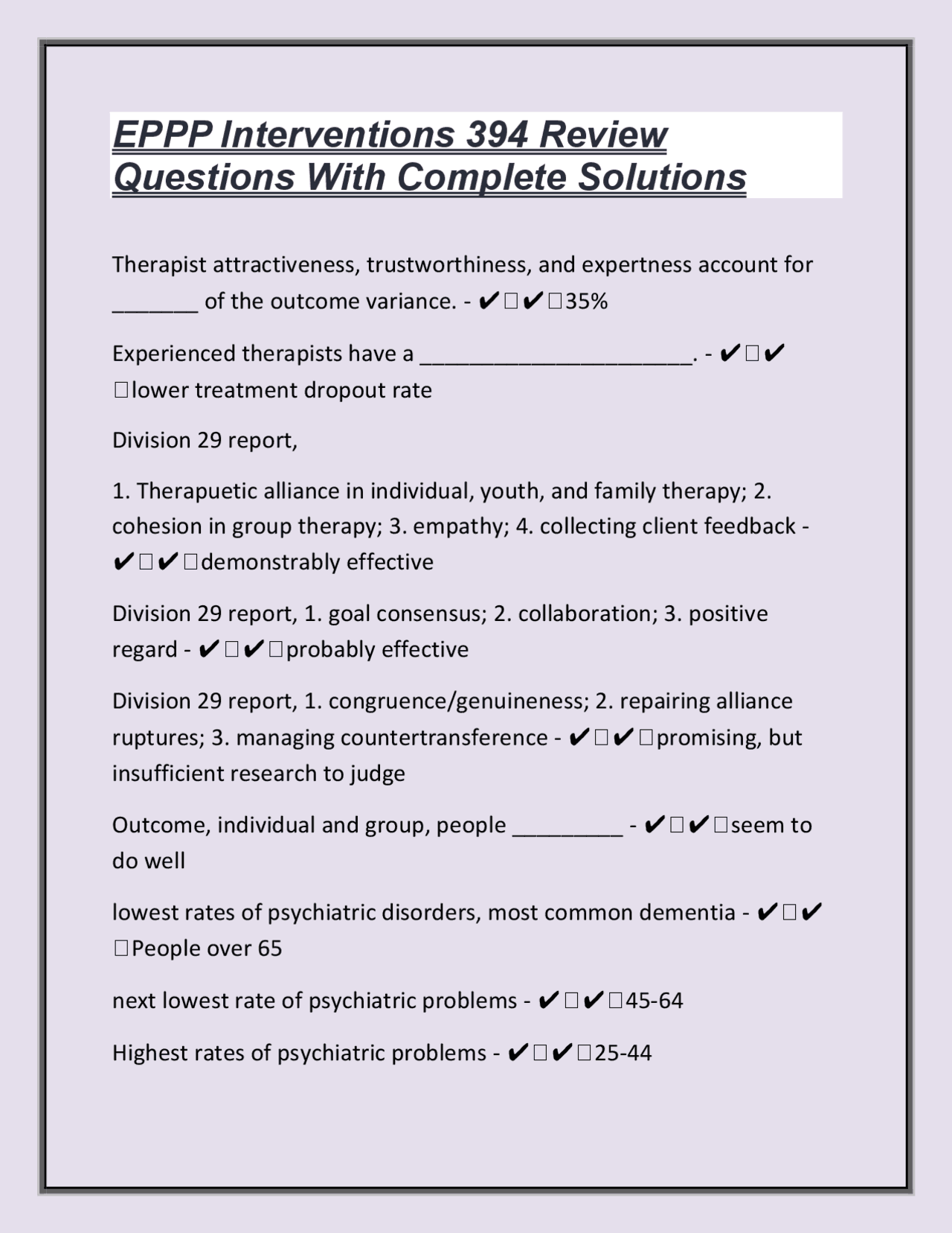 EPPP Interventions 394 Review: Questions With Complete Solutions ...