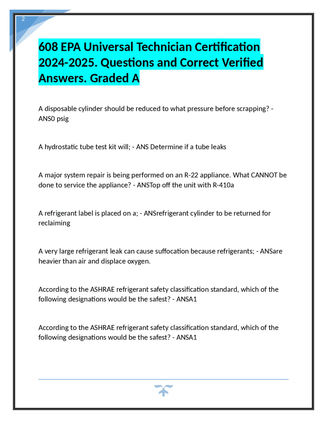 EPA Universal Technician Certification Questions and Answers | Exams ...
