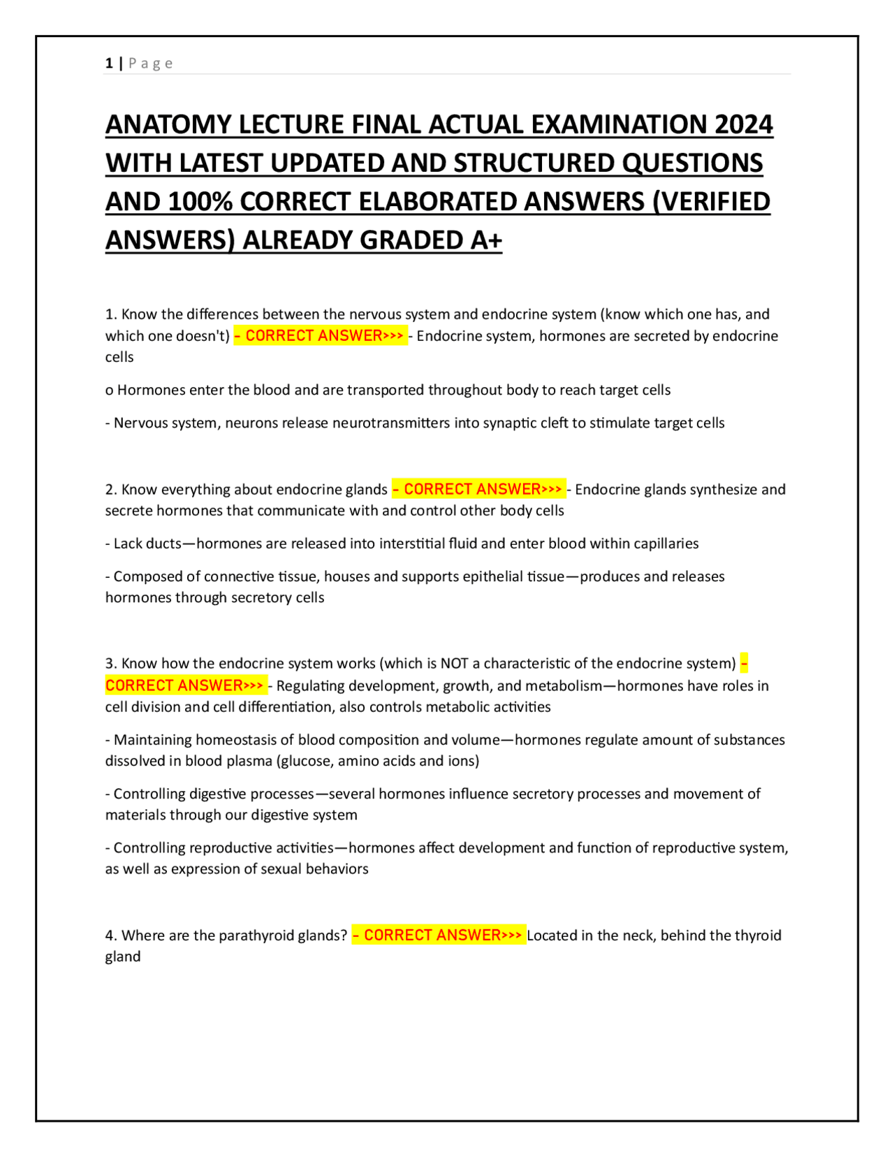 Anatomy Lecture Final Examination: Questions and Answers | Exams ...