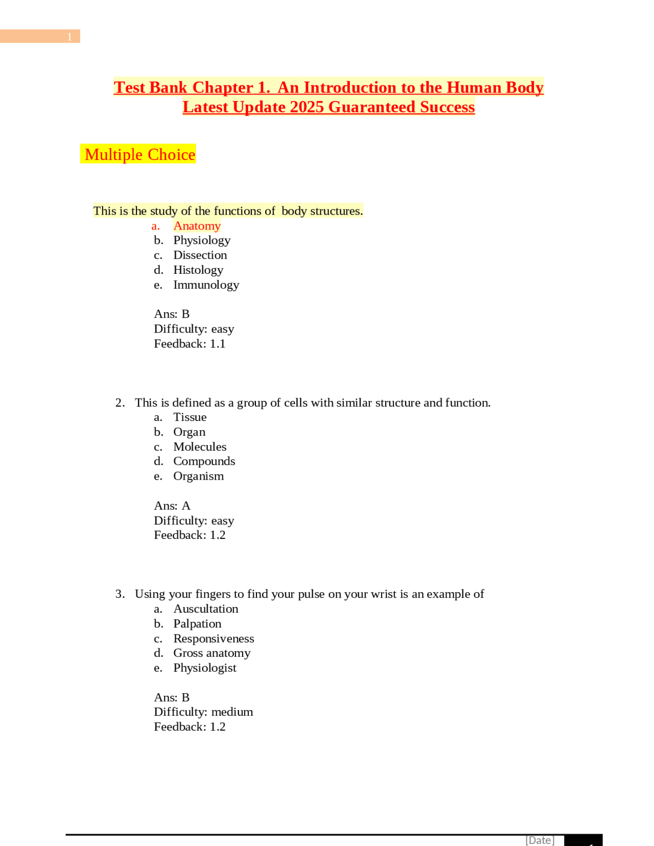 Test Bank for Introduction to the Human Body: Chapter 1 | Exams Biology ...
