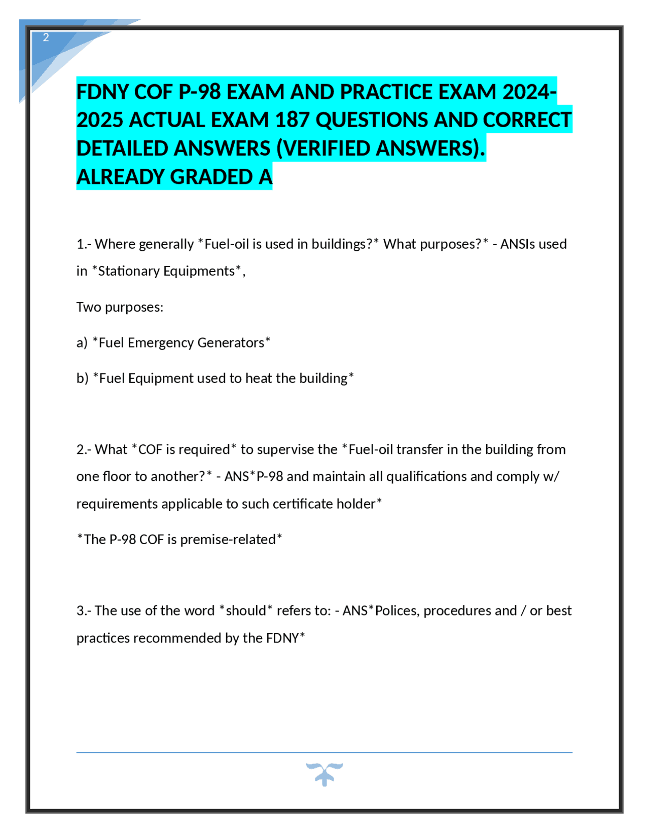 FDNY COF P-98 Exam and Practice Exam: Fuel-Oil Piping & Storage ...