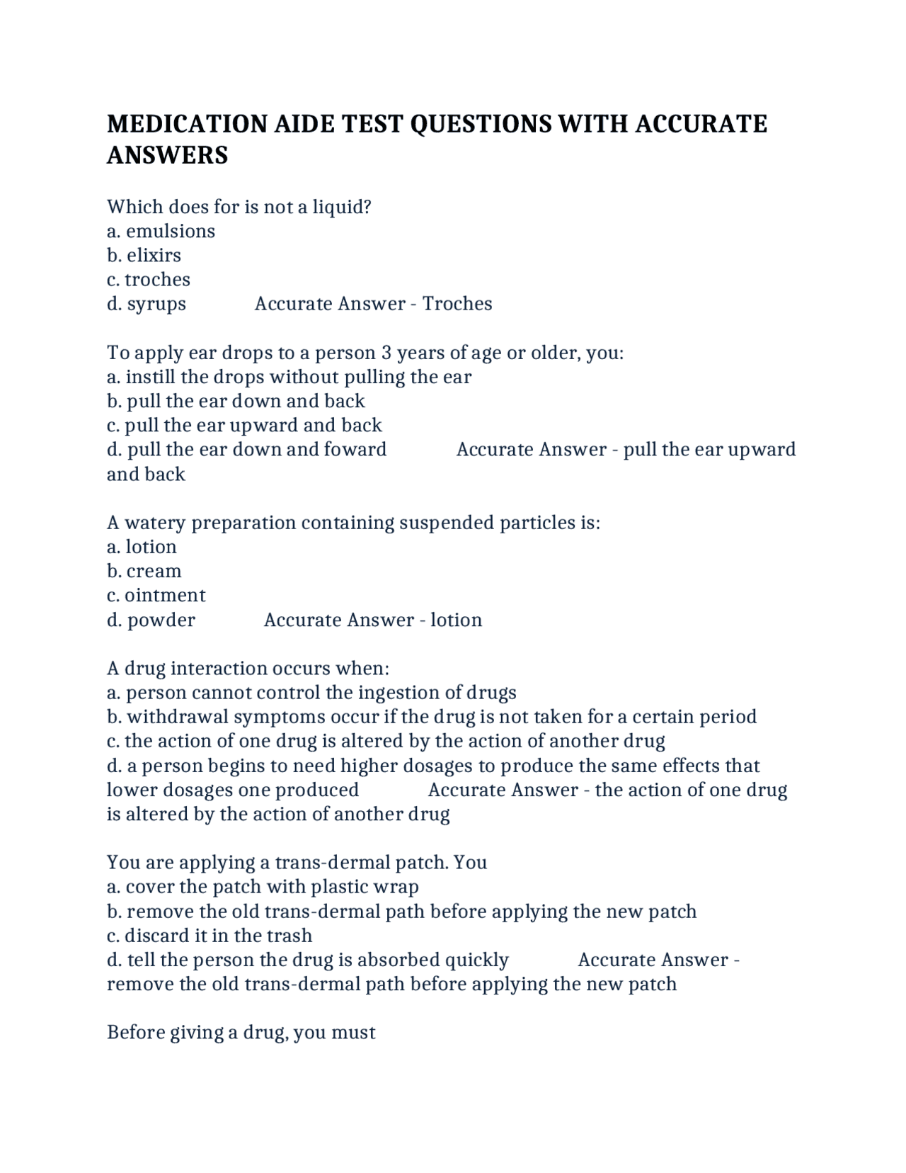 Medication Aide Test Questions with Accurate Answers | Exams Public ...