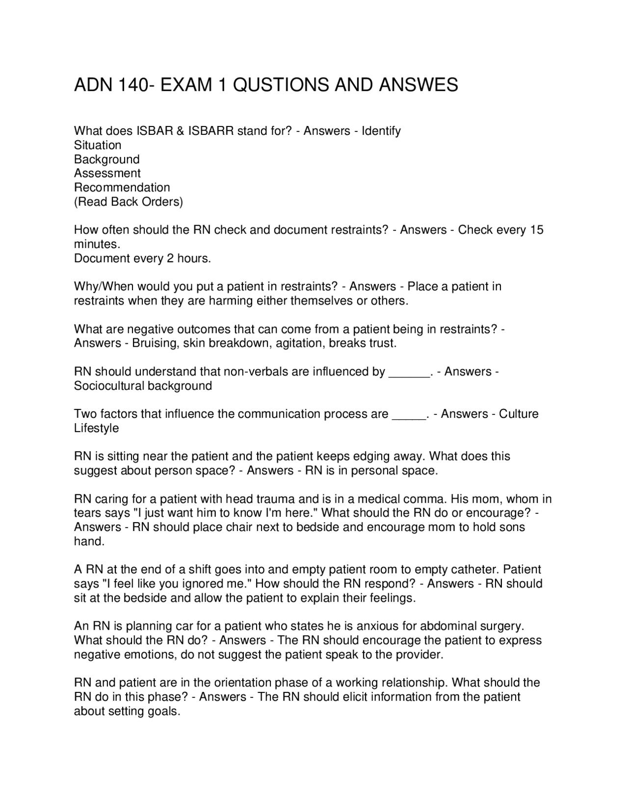 ADN 140 - Exam 1 Questions and Answers: Nursing Fundamentals | Exams ...