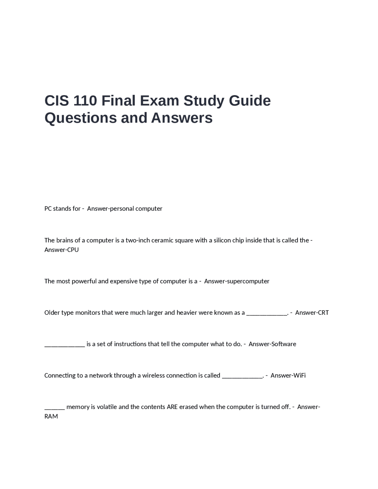 CIS 110 Final Exam Study Guide: Questions and Answers | Exams Nursing | Docsity