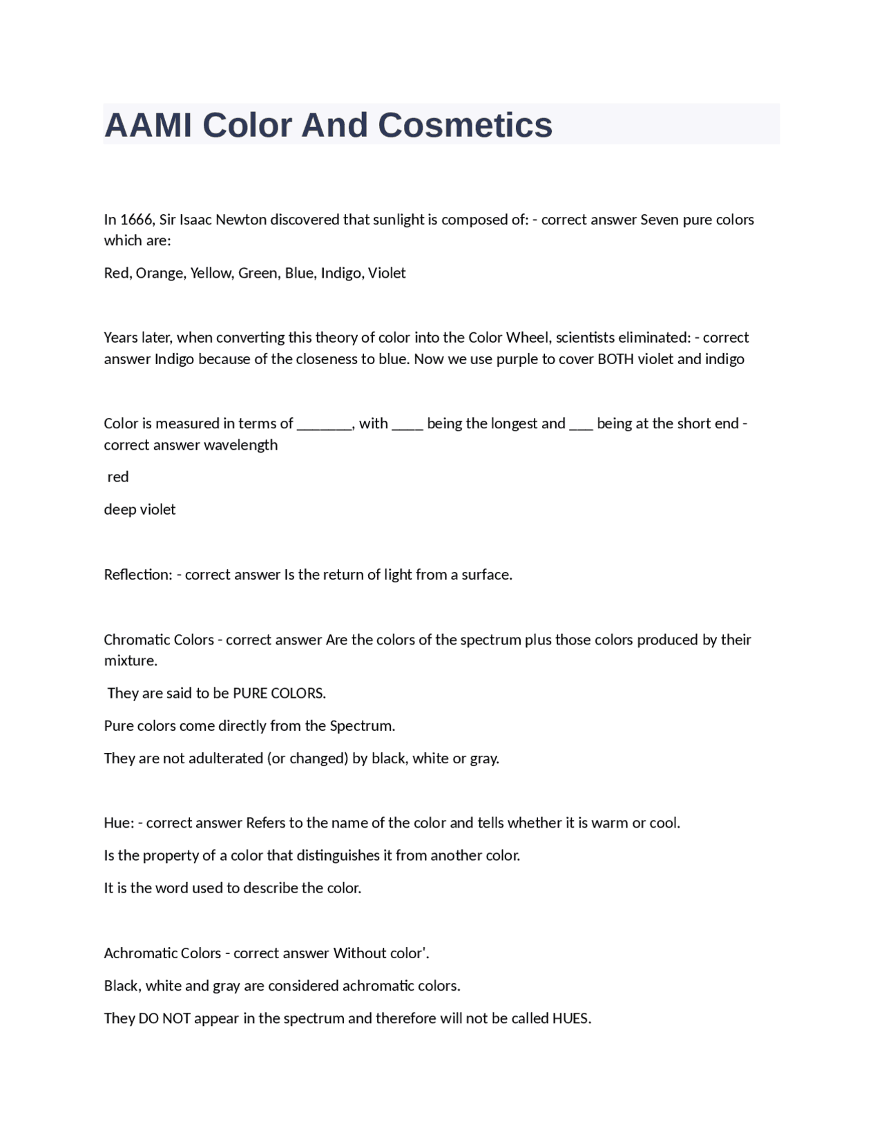AAMI Color And Cosmetics well answered to pass | Exams Nursing | Docsity