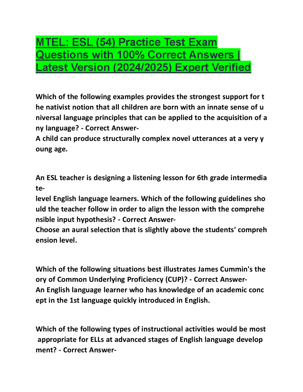 MTEL: ESL (54) Practice Test Exam Questions with 100% Correct Answers ...