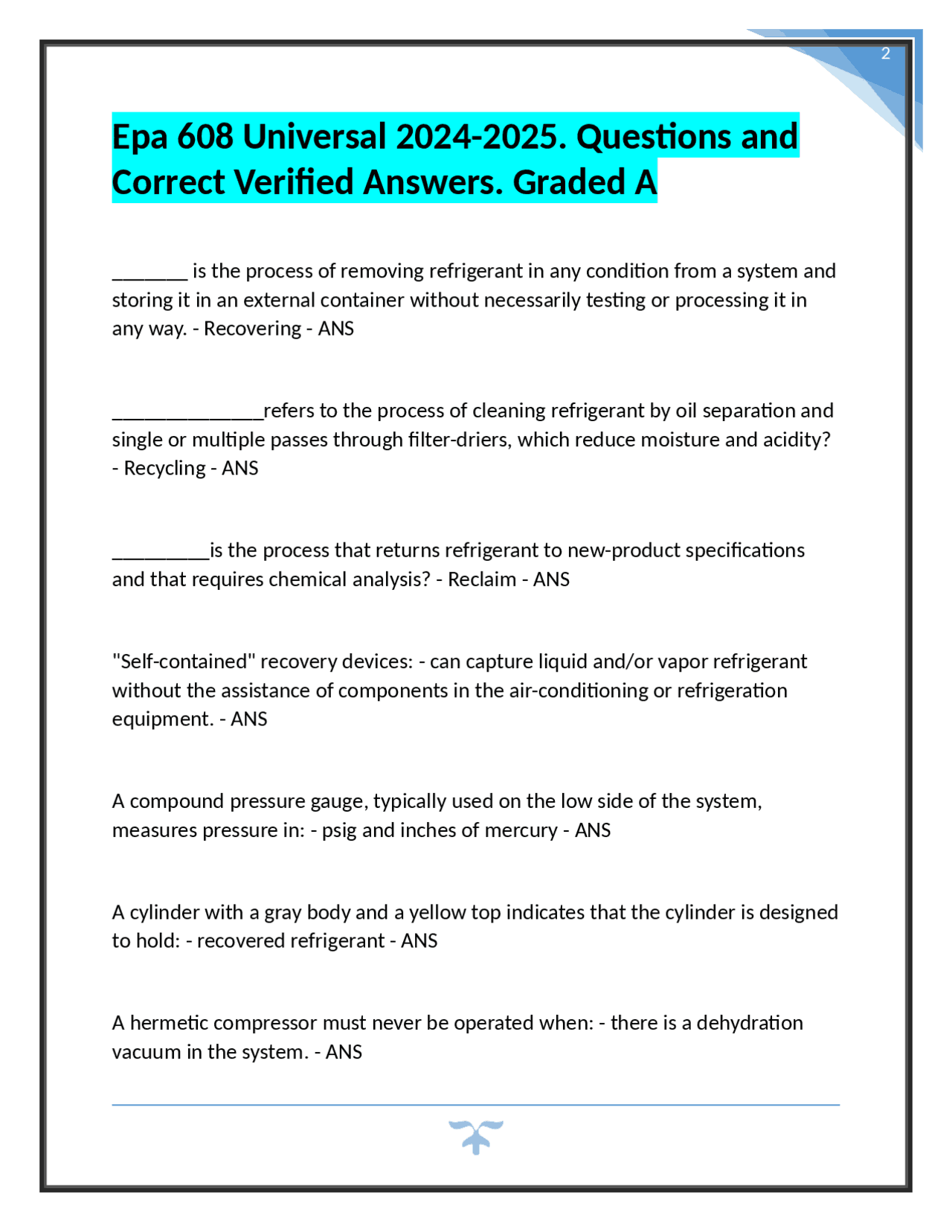 EPA 608 Universal Certification Exam Questions and Answers | Exams ...