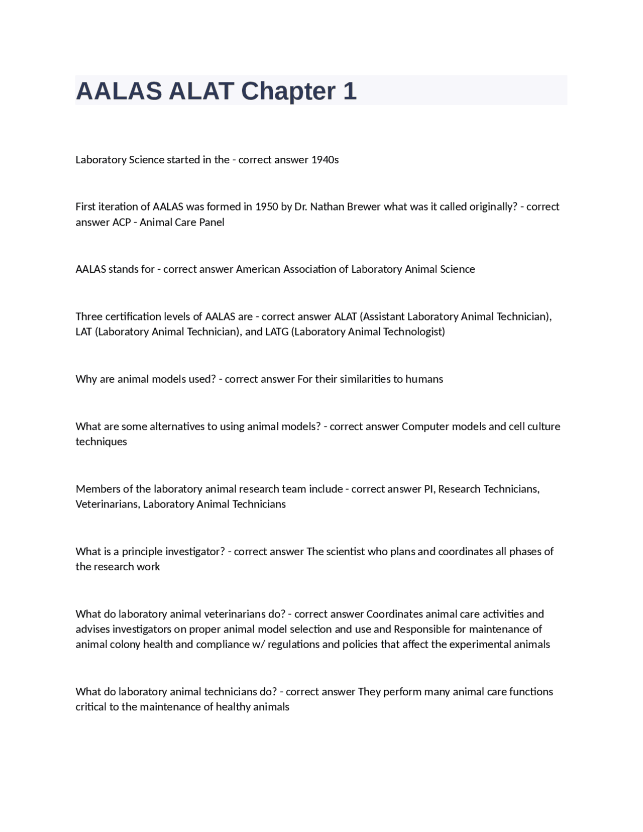 AALAS ALAT Chapter 1: Introduction to Laboratory Animal Science | Exams ...