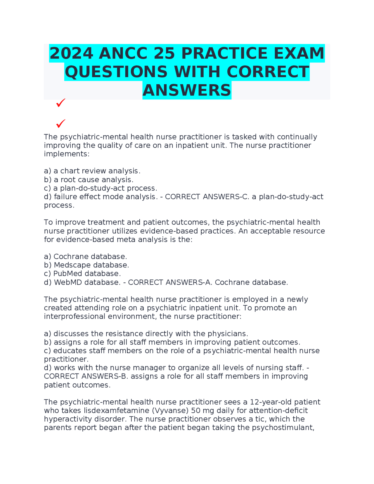 2024 ANCC 25 Practice Exam: Psychiatric-Mental Health Nurse ...