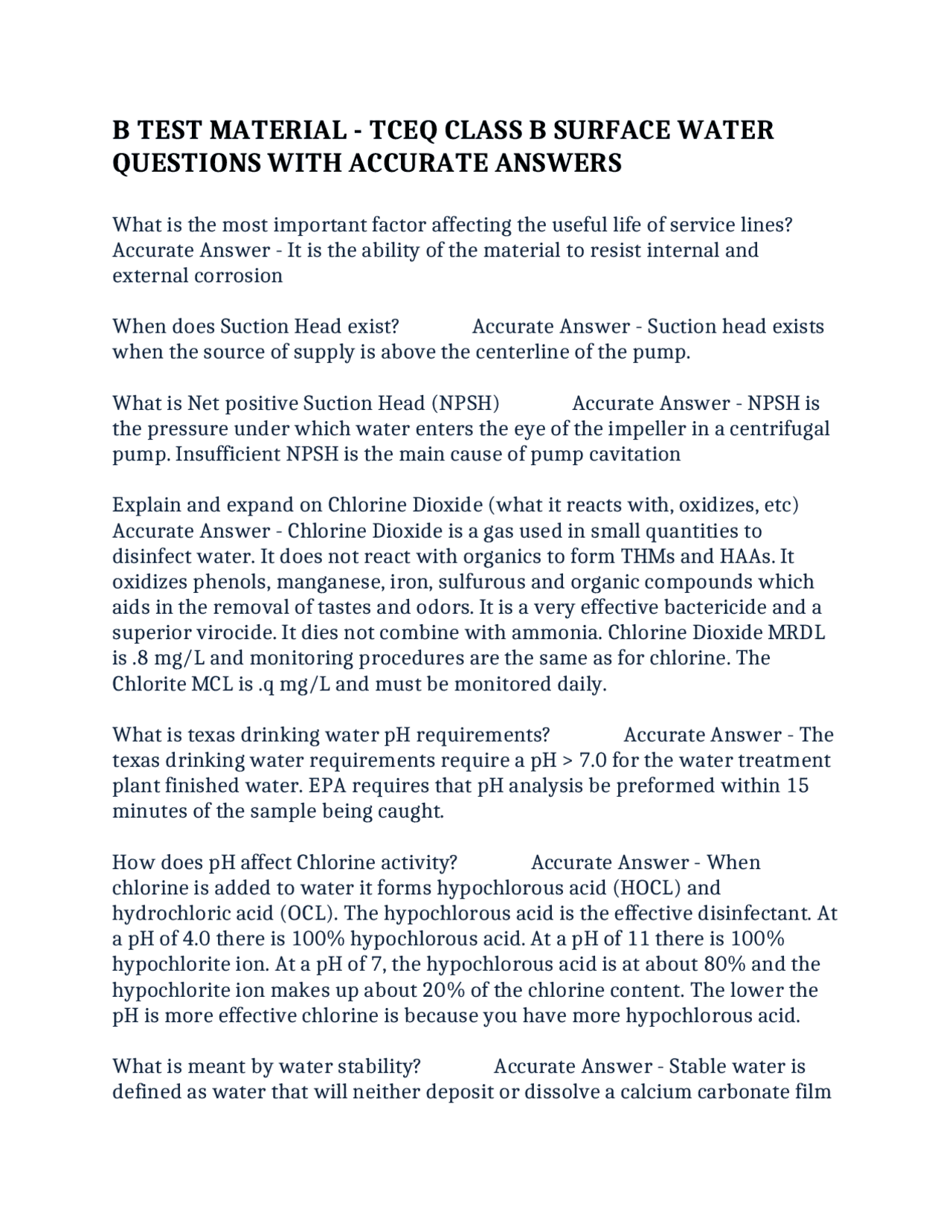 TCEQ Class B Surface Water Questions and Answers | Exams Public Health ...