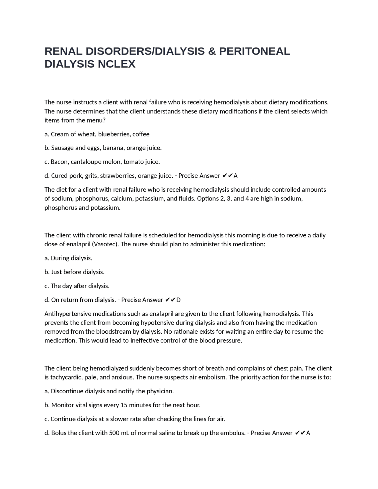 RENAL DISORDERS/DIALYSIS & PERITONEAL DIALYSIS NCLEX | Exams Nursing ...