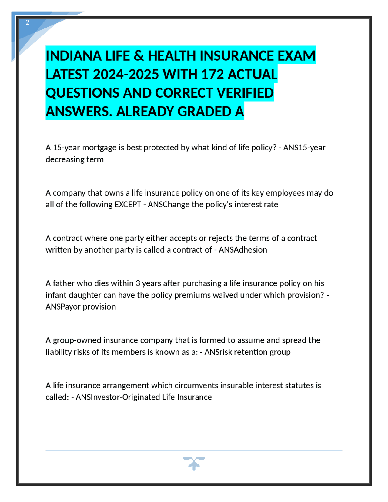 INDIANA LIFE & HEALTH INSURANCE EXAM LATEST 2024-2025 WITH 172 ACTUAL ...