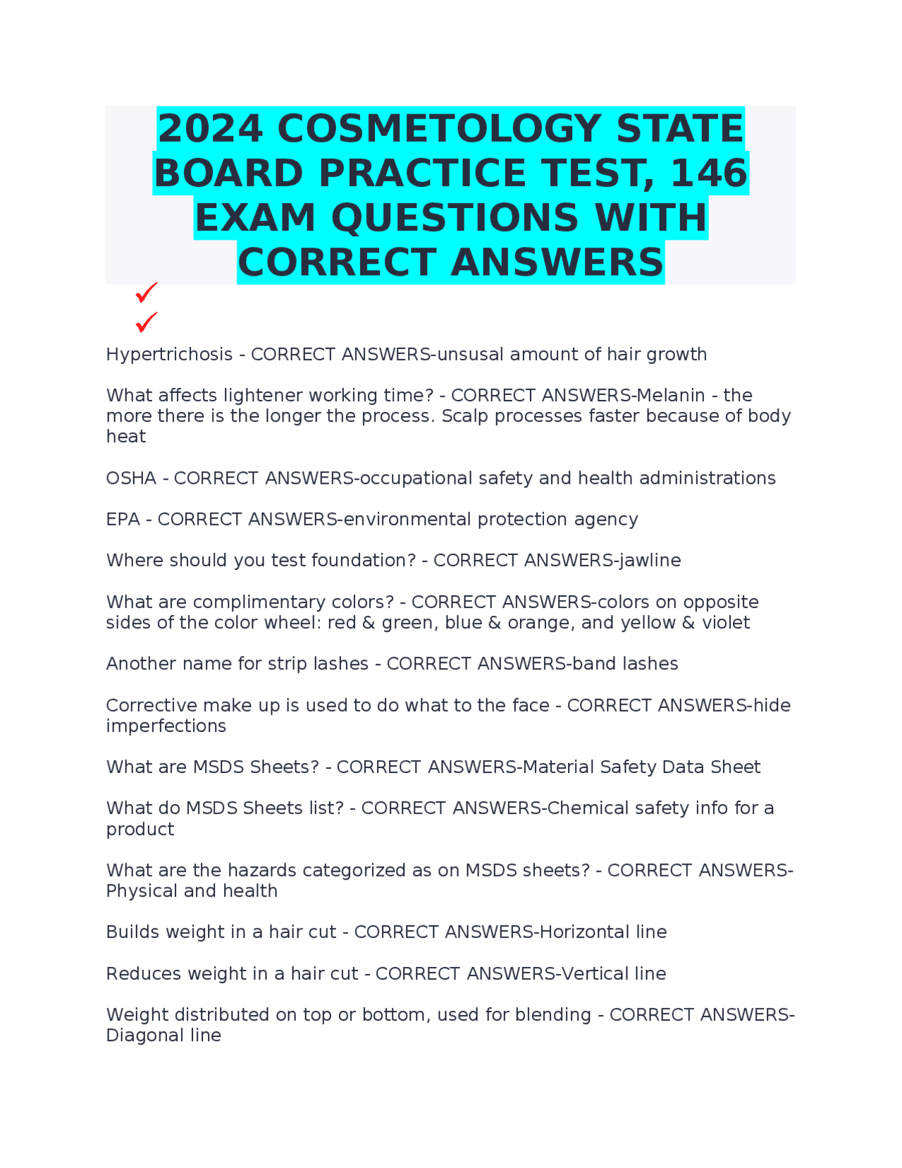 Cosmetology State Board Practice Test: 146 Exam Questions with Correct ...
