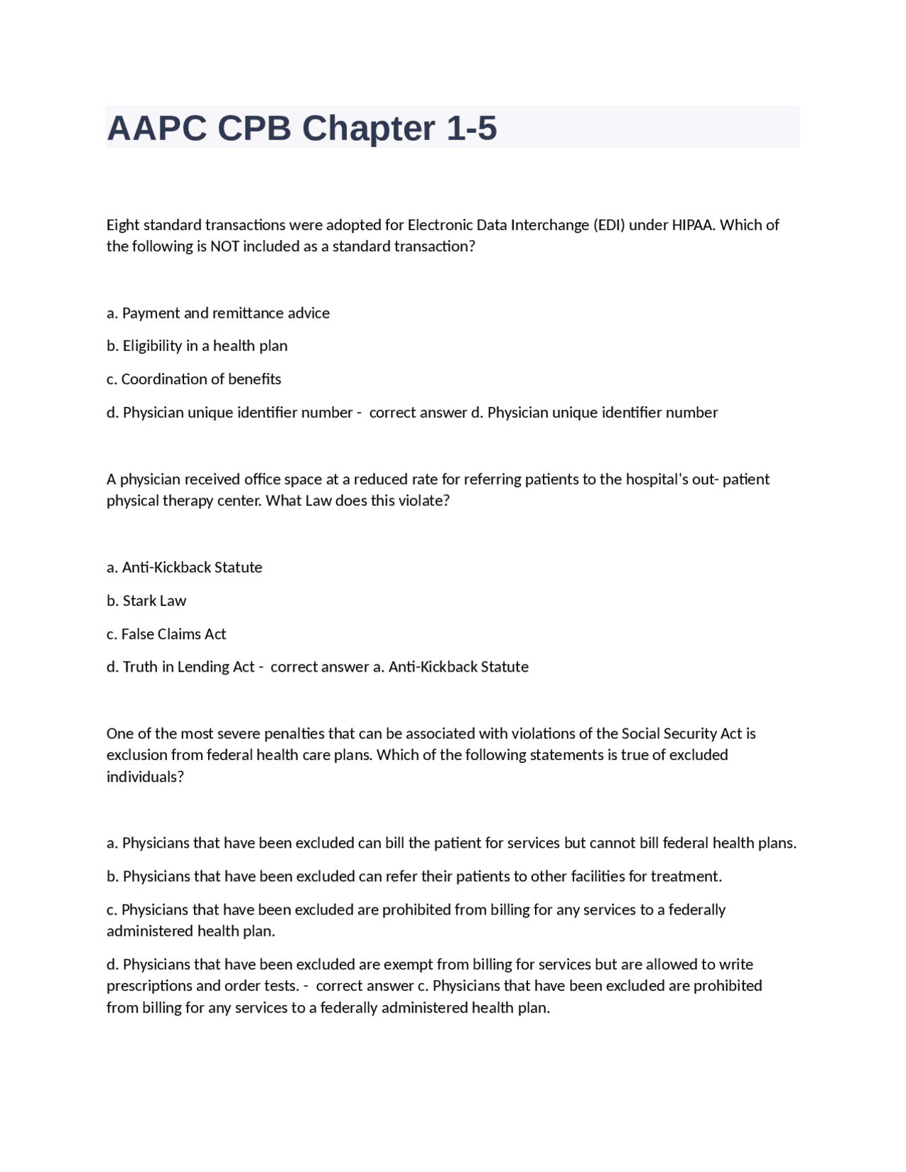 AAPC CPB Chapter 1-5 questions with complete solutions | Exams Nursing ...