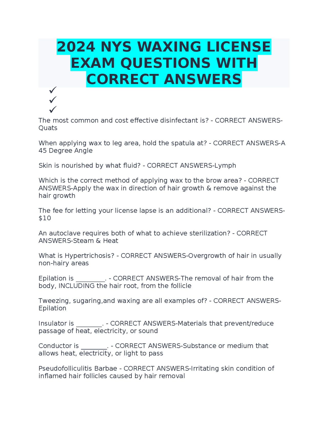 2024 NYS WAXING LICENSE EXAM QUESTIONS WITH CORRECT ANSWERS | Exams ...
