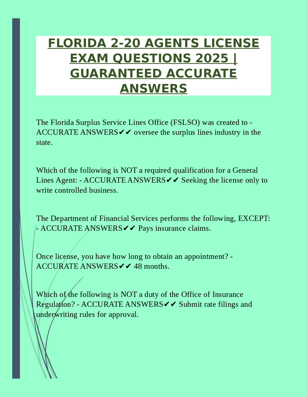 FLORIDA 2-20 AGENTS LICENSE EXAM QUESTIONS 2025 |GUARANTEED ACCURATE ...