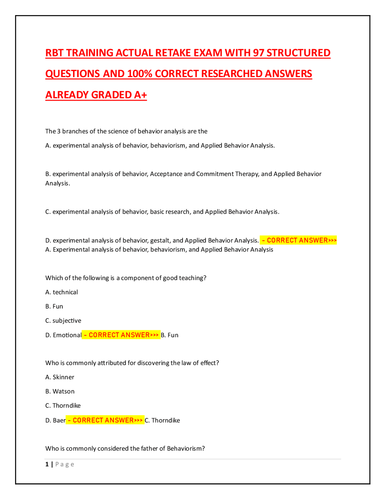RBT TRAINING ACTUAL RETAKE EXAM WITH 97 STRUCTURED QUESTIONS AND 100% ...
