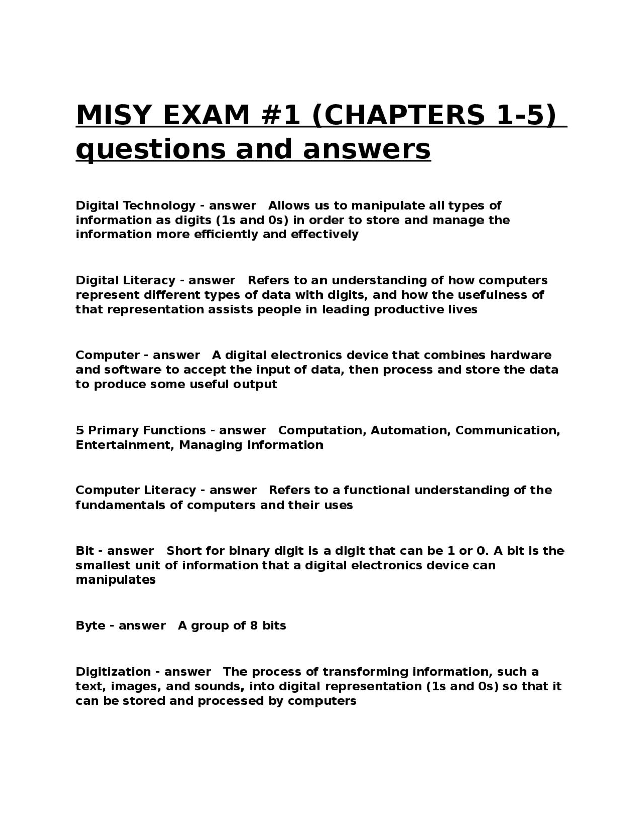 MISY Exam #1 (Chapters 1-5): Digital Technology and Computer ...