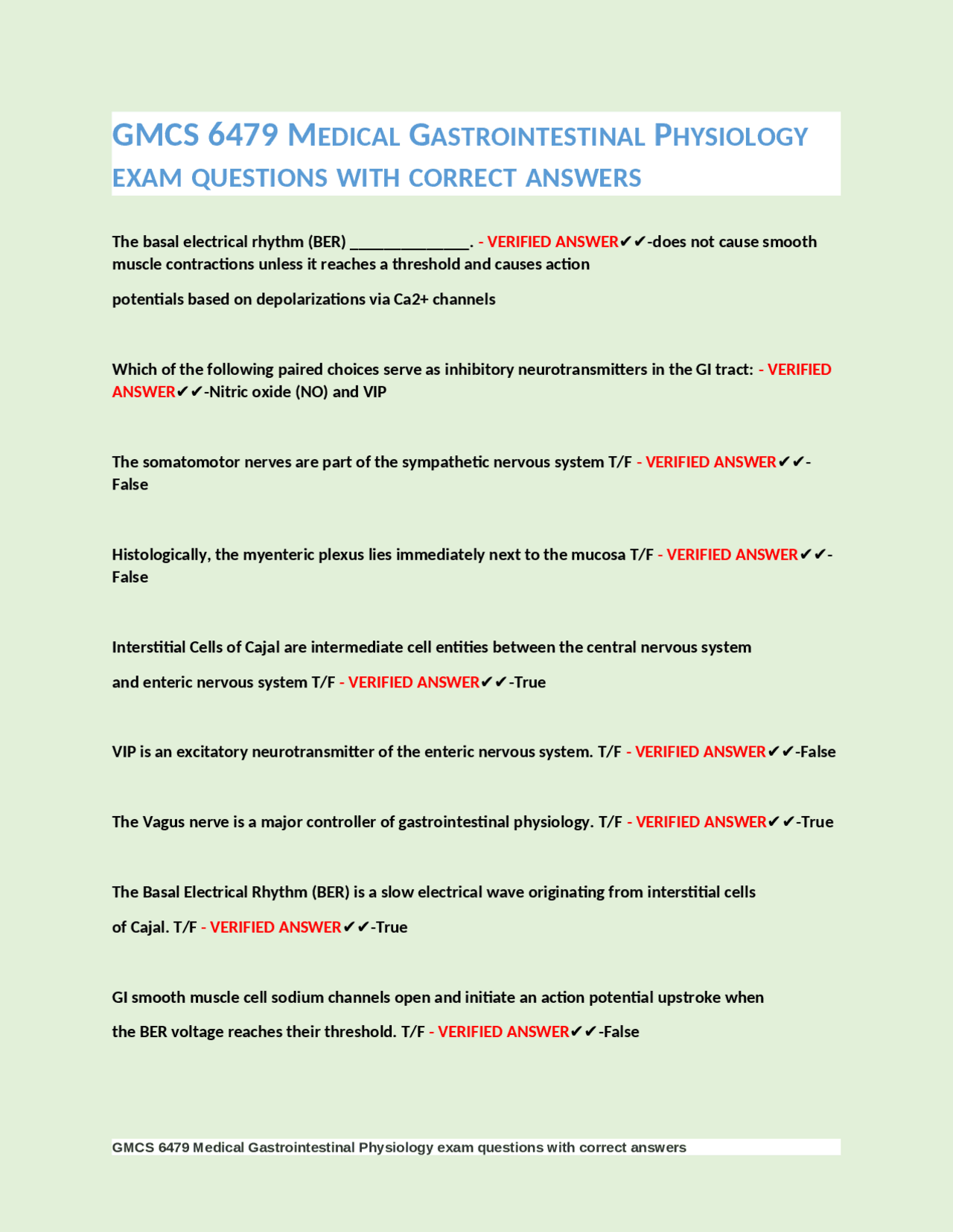 Medical Gastrointestinal Physiology Exam Questions with Correct Answers ...