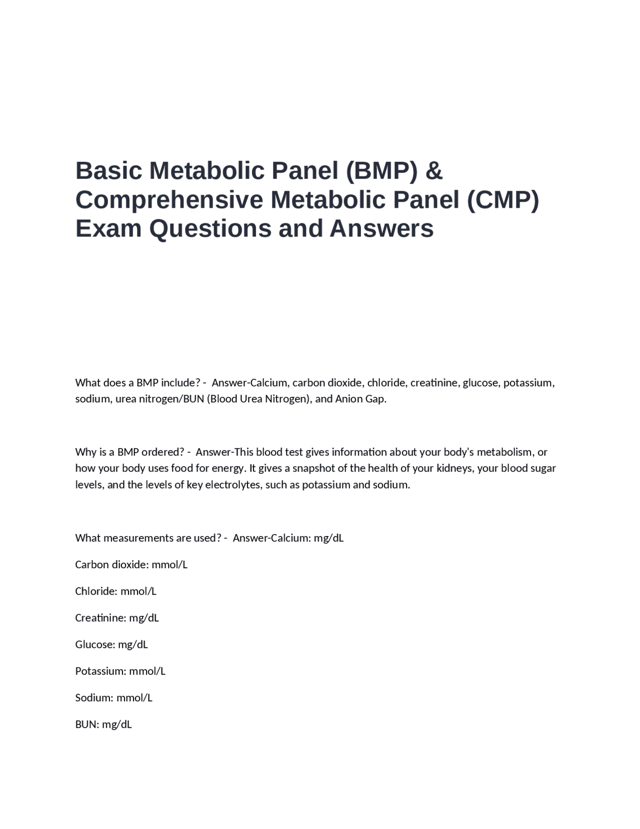 Basic & Comprehensive Metabolic Panel Exam Questions and Answers ...