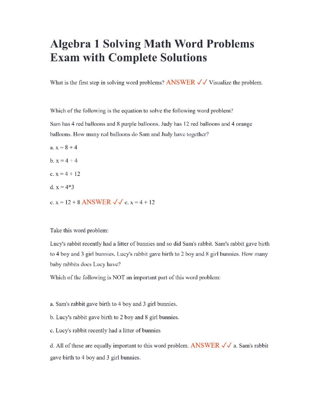 Algebra 1 Solving Math Word Problems Exam with Complete Solutions ...