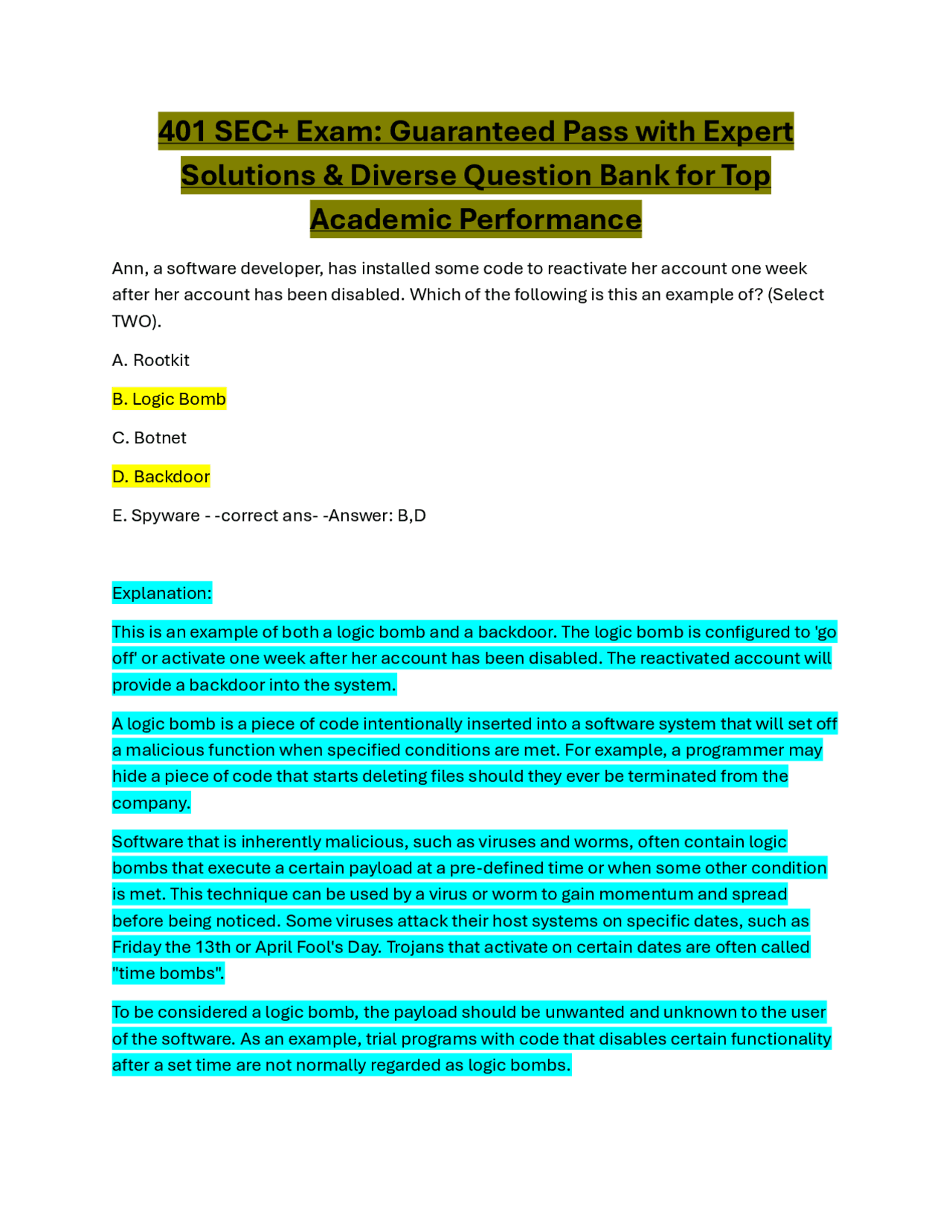 SEC+ Exam: Malware Types and Attacks - Multiple Choice Questions with Explanations | Exams ...