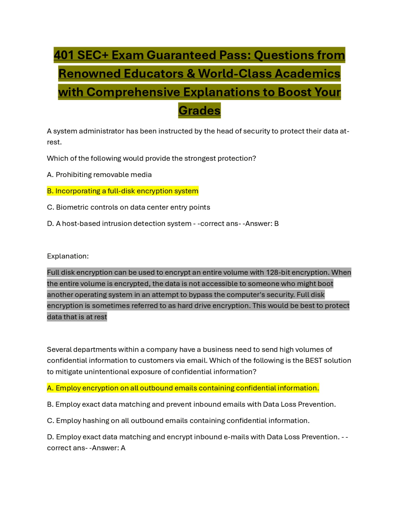 SEC+ Exam Preparation: Data Security Concepts and Best Practices | Exams Computer Security | Docsity