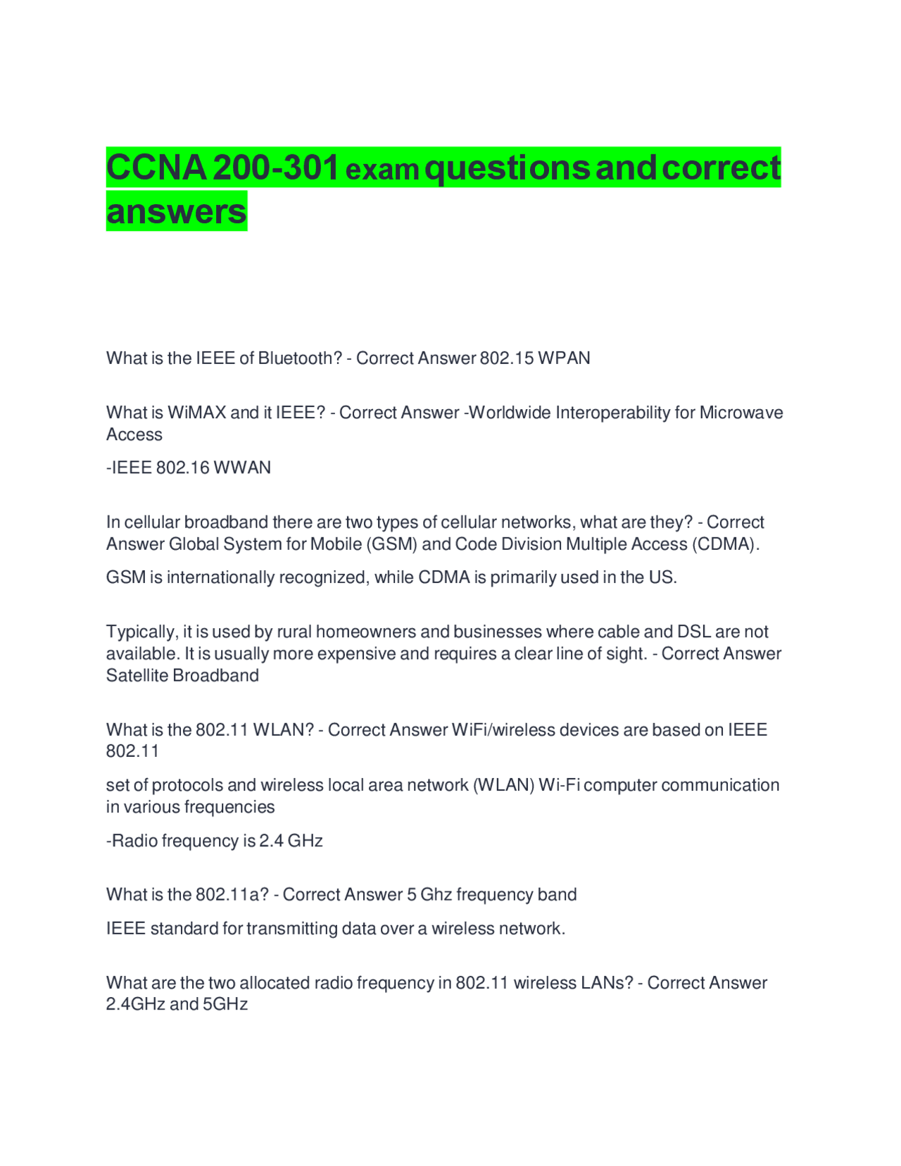 CCNA 200-301 exam questions and correct answers | Exams Computer Science | Docsity