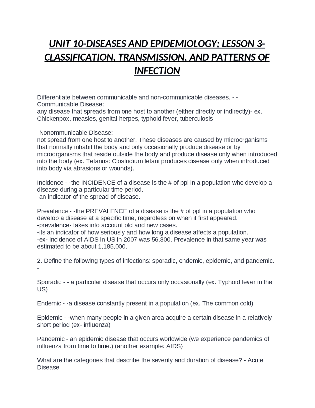 UNIT 10-DISEASES AND EPIDEMIOLOGY; LESSON 3-CLASSIFICATION, TRANSMISSION, AND PATTERNS OF ...