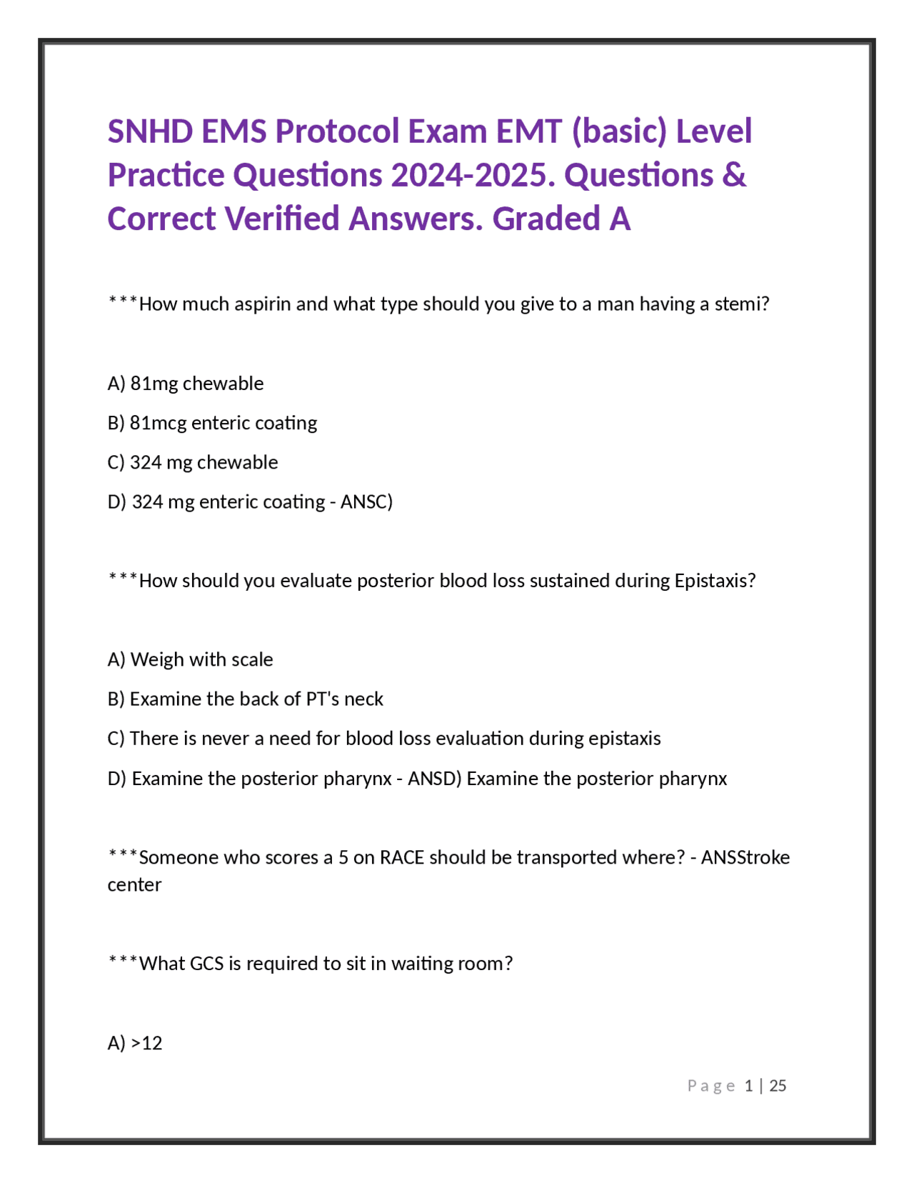 SNHD EMS Protocol Exam EMT (basic) Level Practice Questions 2024-2025 ...